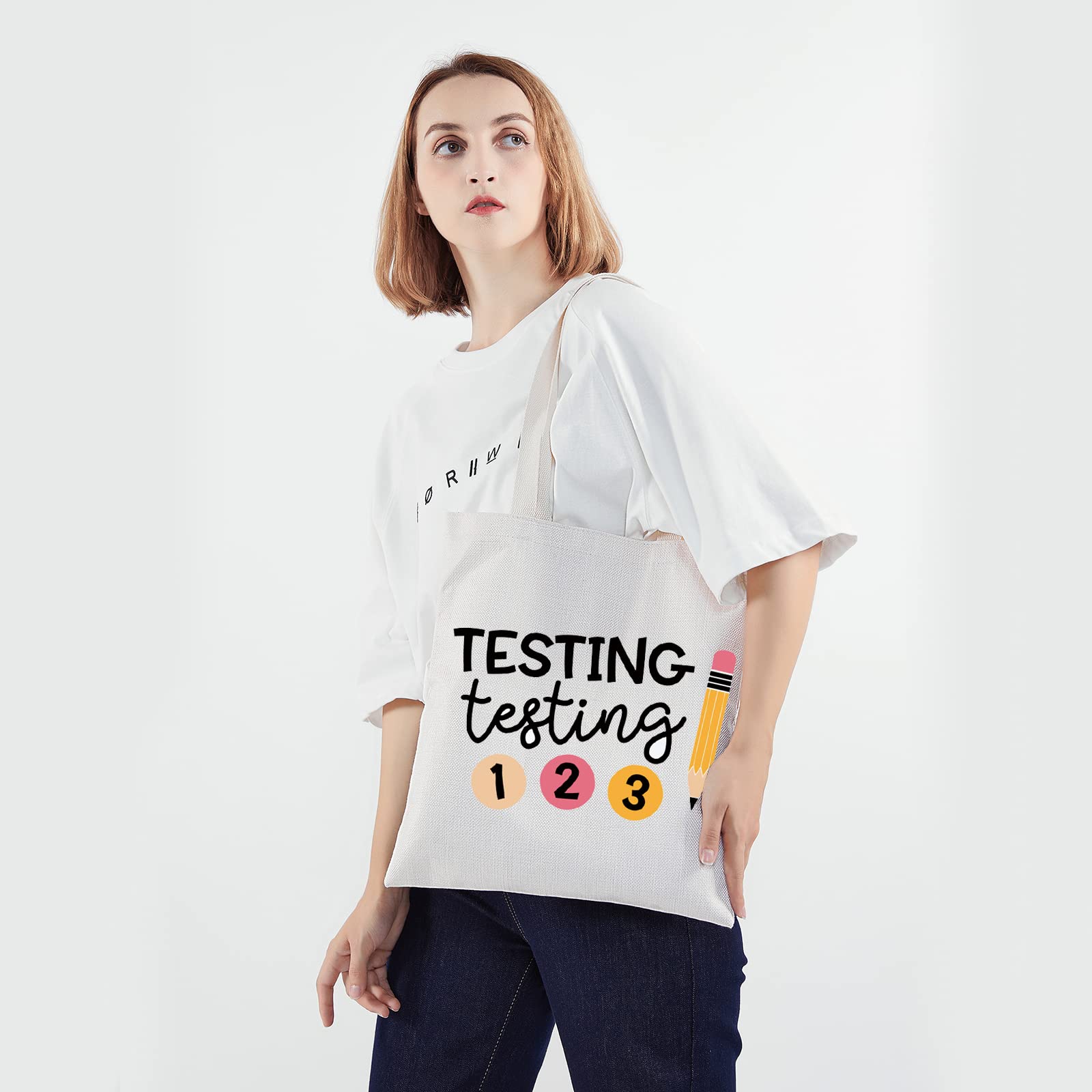 PWHAOO Funny Teacher Accessory Bag Teacher Tote Bag Testing Testing 1 2 3 Tote Bag Test Day Gift (Testing Testing Tote)