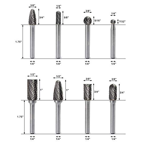 YUFUTOL Carbide Burr Set with 1/4''(6.35mm) Shank 8pcs Double Cut Solid Carbide Rotary Burr Set for Die Grinder Drill, Metal Wood Carving, Engraving,Polishing,Drilling