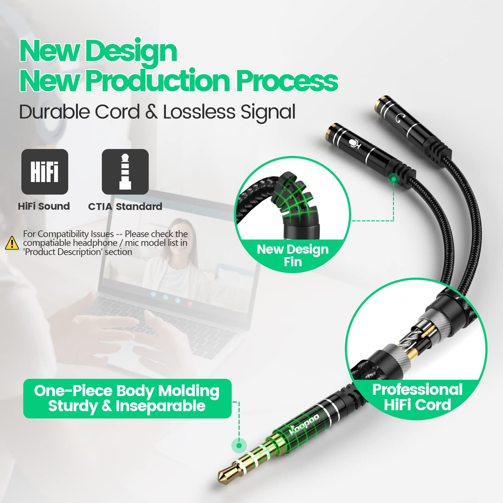 KOOPAO 3.5mm Mic and Headphone TRRS Splitter, Microphone and Audio Combo Headset Adapter, Compatible with PS4, PS5, Xbox One S, Nintendo Switch, Cellphone, Laptop, PC, Dual Jack Headsets, (Braided)