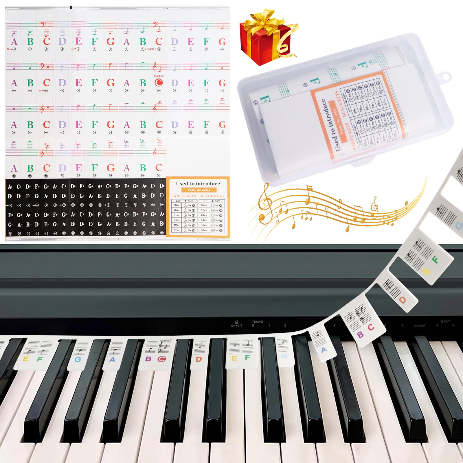 Removable Piano Keyboard Notes Lables for Beginner, Piano Keyboard Stickers for 61/88/54/49/37 Key, Made of Silicone, No Need Stickers, Reusable and Comes with Box (Rainbow Colors）