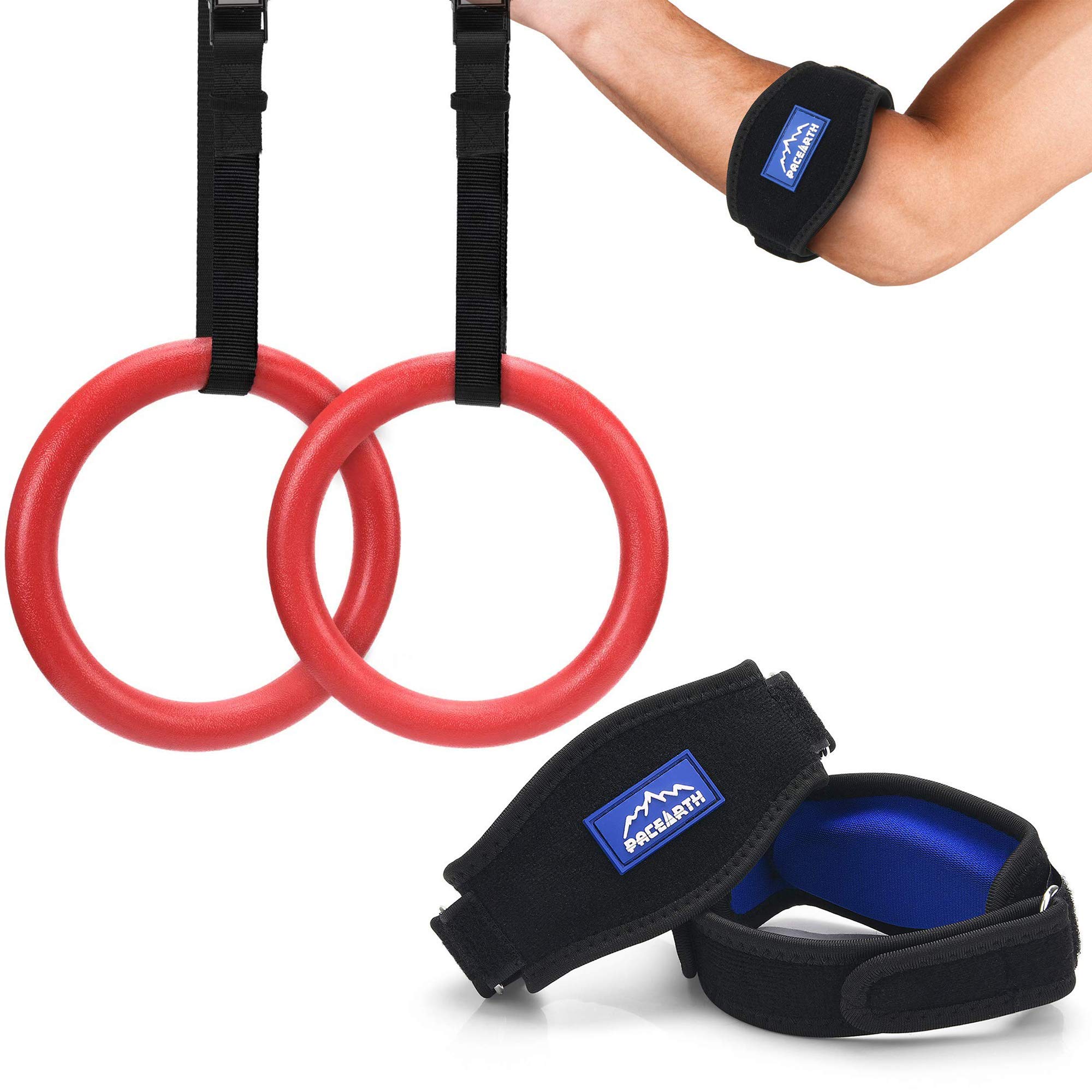 PACEARTH Gymnastic Rings 1100lbs Capacity with 14.76ft Adjustable Buckle Straps Pull Up & Gymnastics Rings Elbow Brace for Home Gym Full Body Workout