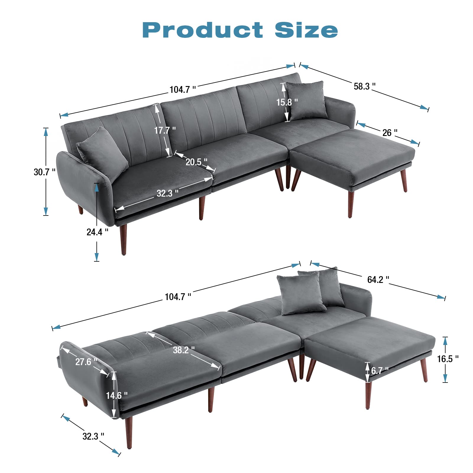 JOMEED 105" Velvet Sectional Sofa Couch for Living Room with Chaise, Modern Convertible L-Shaped Couch Sofa Bed with Adjustable Backrest