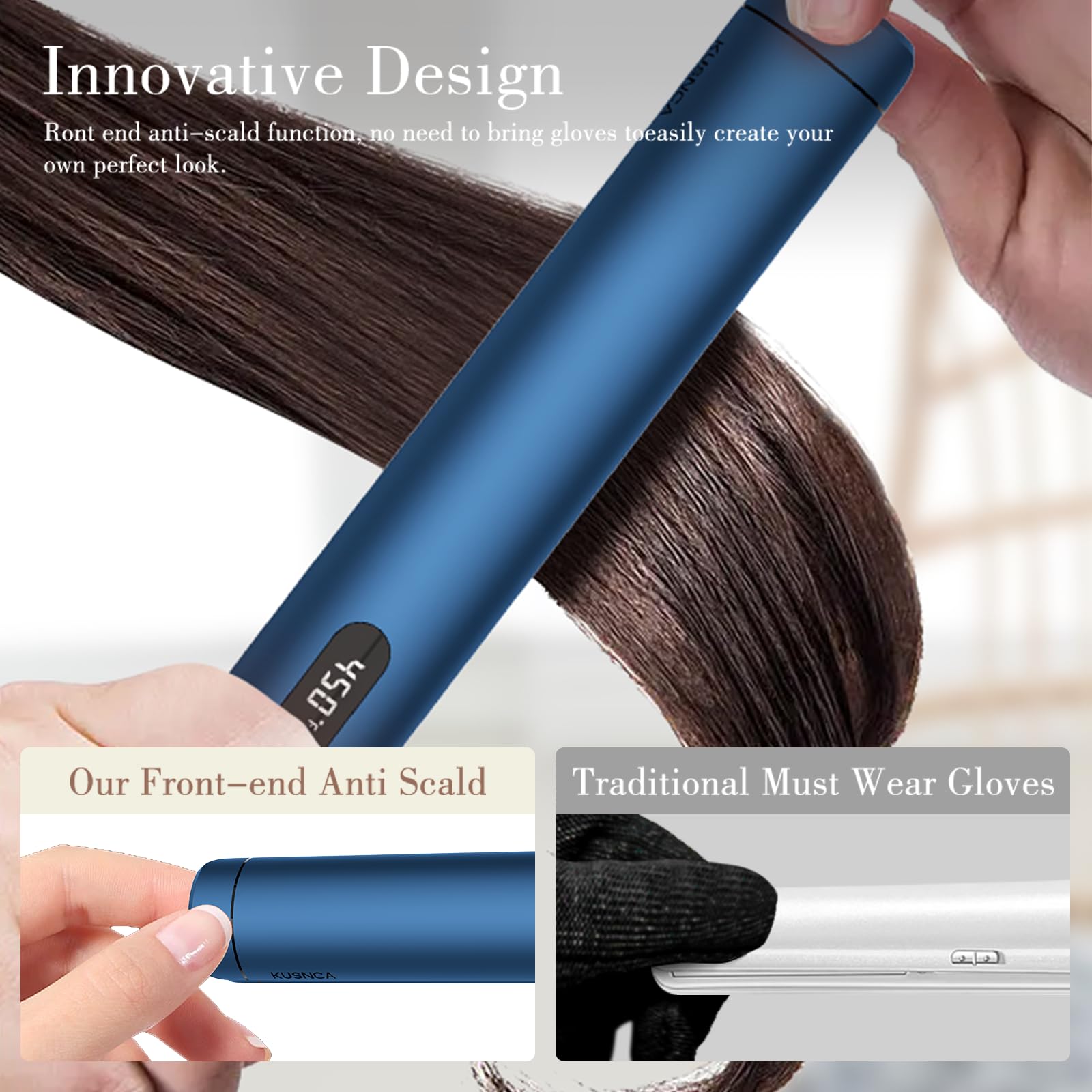 KUSNCA Professional Titanium Flat Iron, Hair Straightener and Curler Iron 2 in 1, Negative Ion Straightening, Dual Voltage Travel Pack, Front Anti-Scald Function, LCD 230°F-450°F, 1 Inch (Gold)