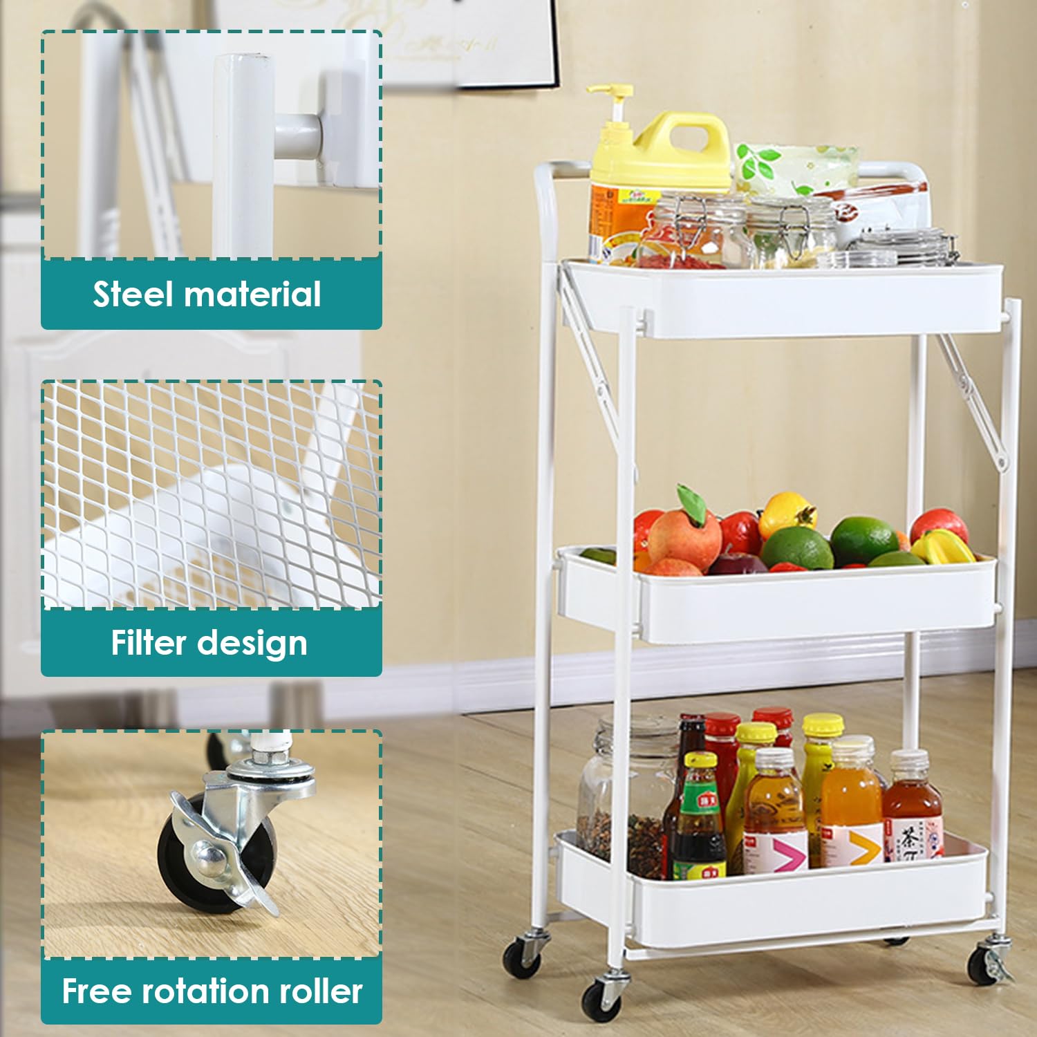 JforSJizT 3-Tier Collapsible Rolling Utility Cart with Lockable Wheels,Metal Storage Folding Rolling Cart with Storage Compartments,Tool Organizer Cart for Classroom, Office, Bathroom, Garage, Kitchen