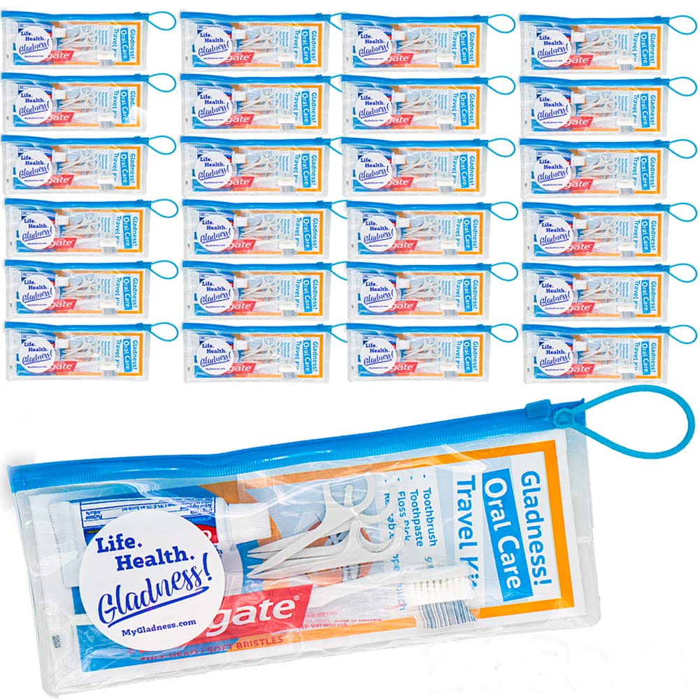 Toothpaste Toothbrush Travel Kit Bulk Bundle Includes Colgate Cavity Protection .85 Oz | Colgate Individually Cello-Wrapped Soft Toothbrush | 5 Floss Picks | TSA Approved Clear Zip Pouch By Gladness!
