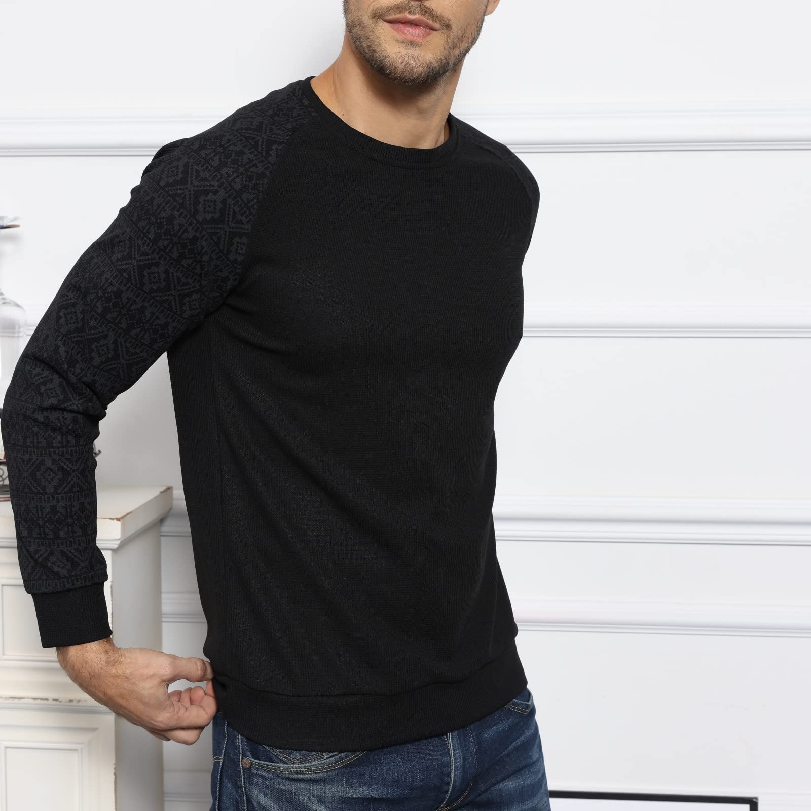 PICKLION Mens Waffle Pullover Shirts Slim Fit Casual Crew Neck Knitted Long Sleeve T-Shirts Black