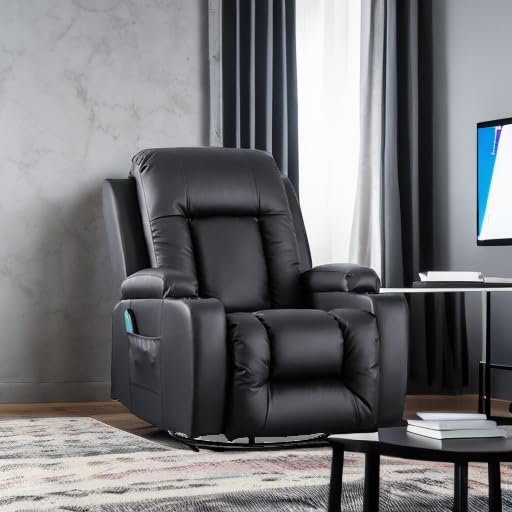JOMEED Massage Rocking Recliner Chair with Heated 360 Degree Swivel PU Leather Recliner Sofa with Cup Holders for Living Room, Vibration