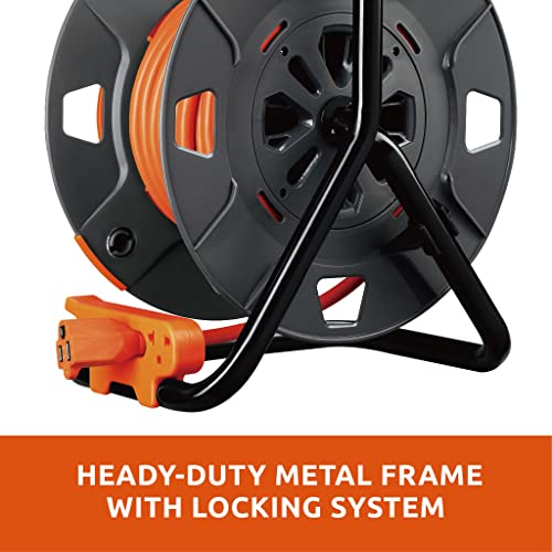 Link2Home Retractable Extension Cord Reel 75 Ft. With 4 Outlets & Heavy Duty/High Visibility 14AWG 3-Prong High SJTW Cord
