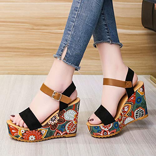 OVELING Shoes Women Wedges Toe Buckle Breathable Flower Open Summer Strap Sandals Women's Wedges Comfortable Sandals Walking