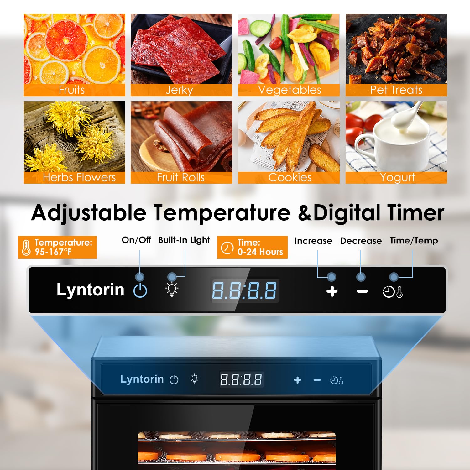 LynTorin Food Dehydrator Machine, 700W 8 Trays Dehydrators for Food and Jerky with 95-167β Temperature & 24H Timer, Food Dehydrator 19pcs Tray&Sheet