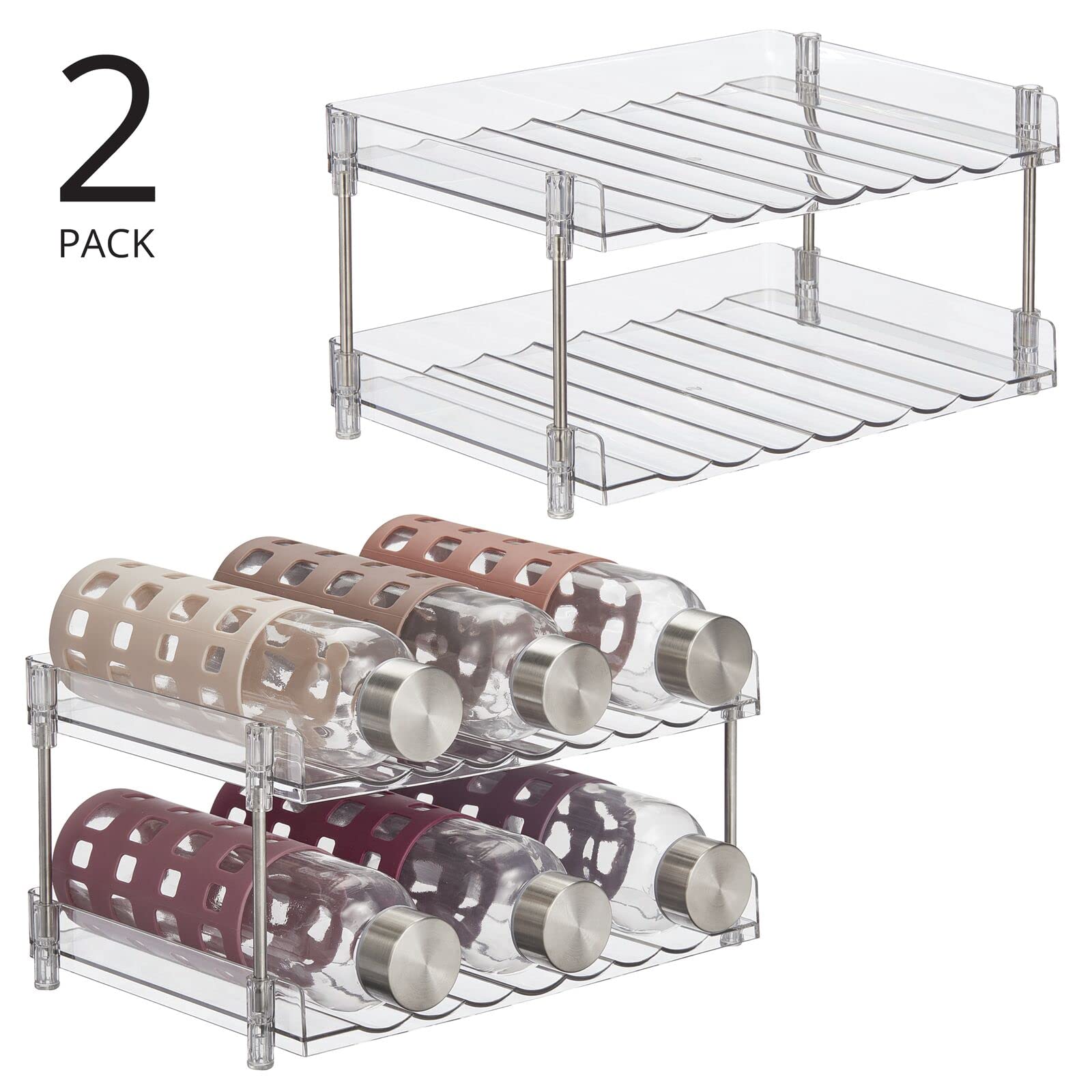 mDesign Free-Stand Stackable 2-Tier Bottle Holder, 8 Small Bottles, 6 Large Bottles of Water, Wine - Drink Organizer Shelf for Kitchen Counter, Cabinet, Pantry, Fridge, Freezer, 2 Pack, Clear/Polished
