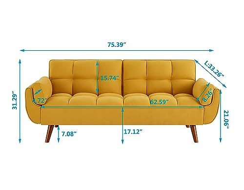 Verfur Upholstered Convertible Folding Sleeper Futon Sofa Bed with Adjustable Backrest, Modern 2 Seater Padded Loveseat Couch Sofabed with Rubber Wood Legs and Arm Pillows for Living Room, Bedroom