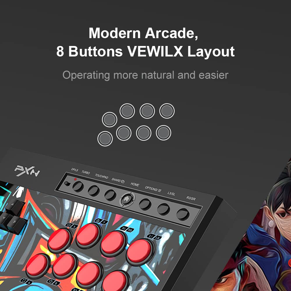 PXN X8 Street Fighter Stick Arcade Joystick, Mechanical Buttons, Keyboard-Style Direction Keys, Turbo Functions, Switchable Joystick Modes, Suitable for PS3 / PS4 / Nintendo Switch / PC Windows
