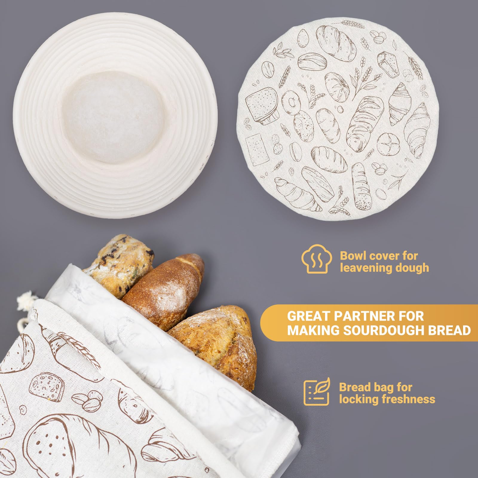 Verigud Bread Bags for Homemade Bread with Bowl Cover, Linen Bread Bag with Inner Lining, Large Sourdough Bread Bags for Homemade Bread Storage, Reusable Bowl Cover with Inner Lining