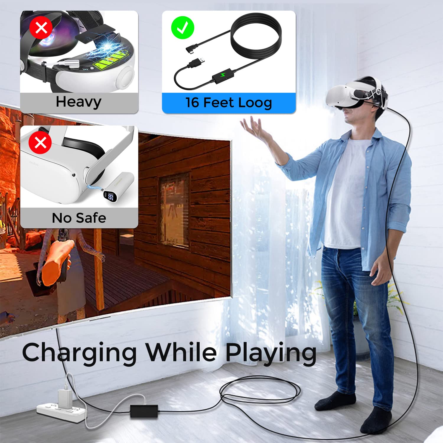 Sonicgrace Link Cable Compatible with Quest 2-16FT Quest 2 / Pro VR Link Cable with USB 3.2 2A Fast Charging and 5Gbps Date Transfer for VR Headset PC Gaming