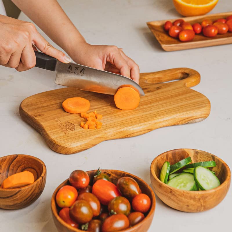 Rainforest Bowls 13"x7" Irregular Shaped Javanese Teak Wood Cutting Board w/Handle- Ultra-Durable, Heavy Duty, Lasts Years w/Daily Use- Premium Style Handcrafted by Indonesian Artisans