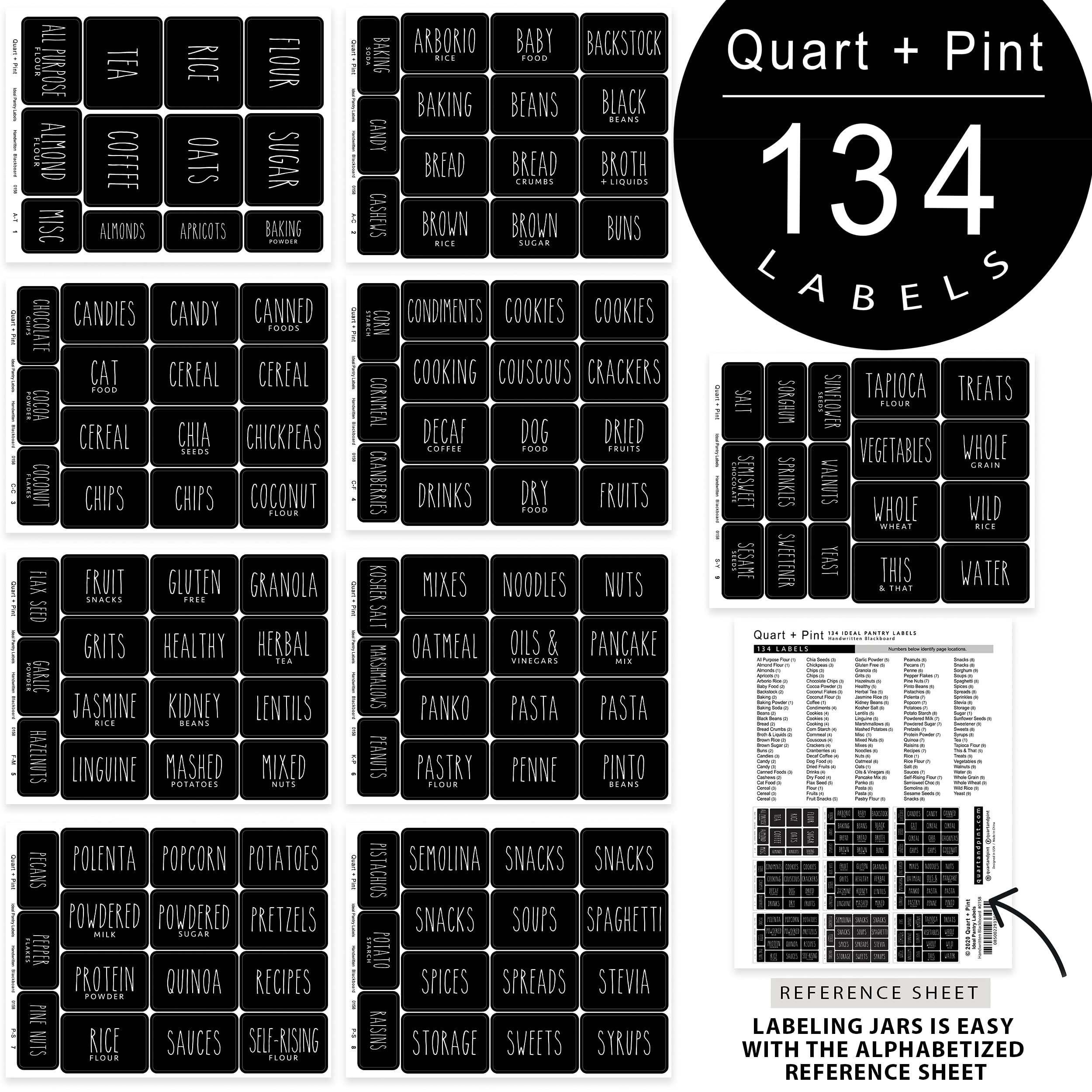 QUART + PINT 134 Kitchen Pantry Labels for Containers. Preprinted Retro Handwritten Style. Black Matte Sticker White Text. Waterproof Stickers. Organization Labels for Jars Canisters & Storage Bins.