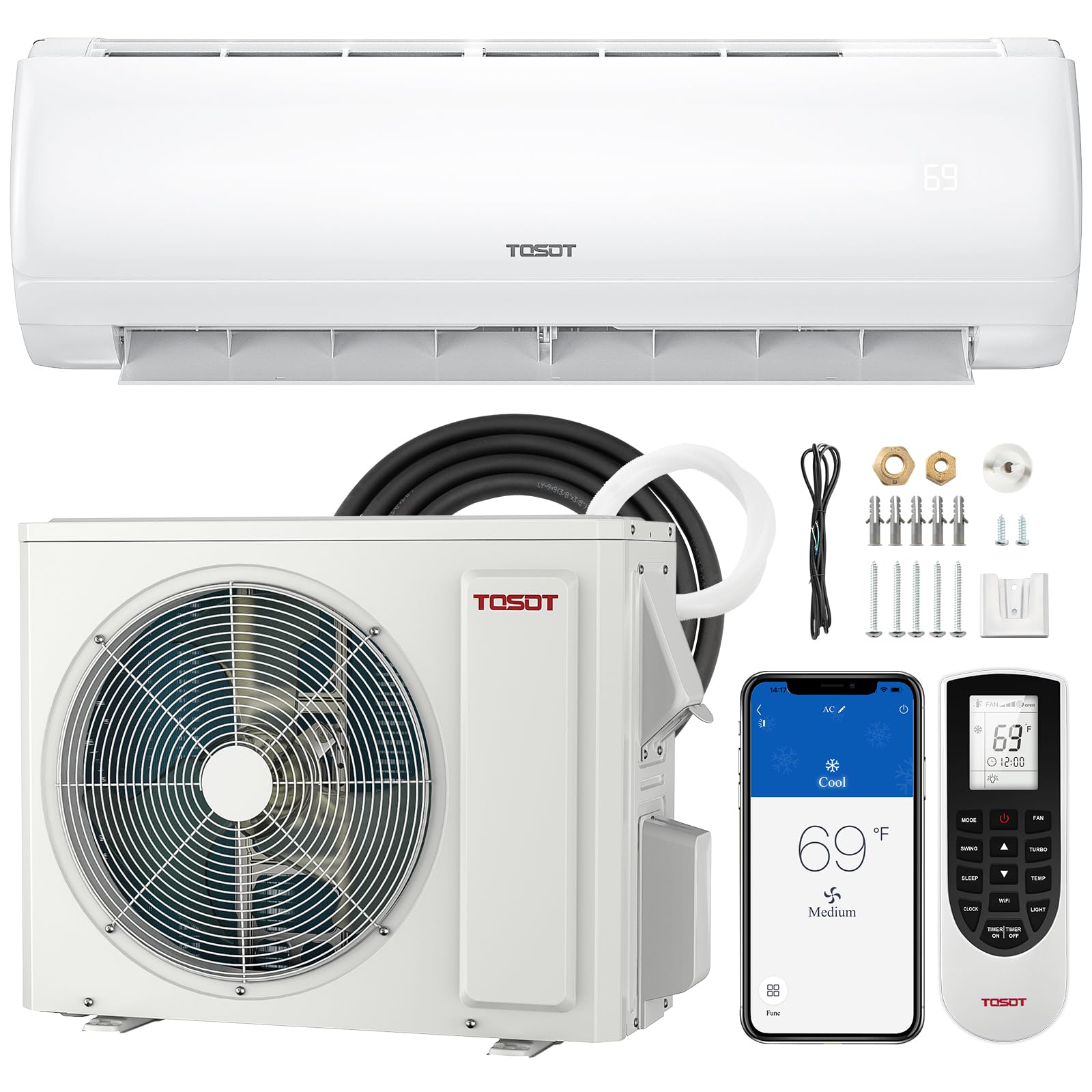 TOSOT 12,000 BTU Mini-Split Air Conditioner, Wifi Enabled Ductless Inverter AC Unit Heating System, Compatible with Alexa-20 SEER2 115V, White
