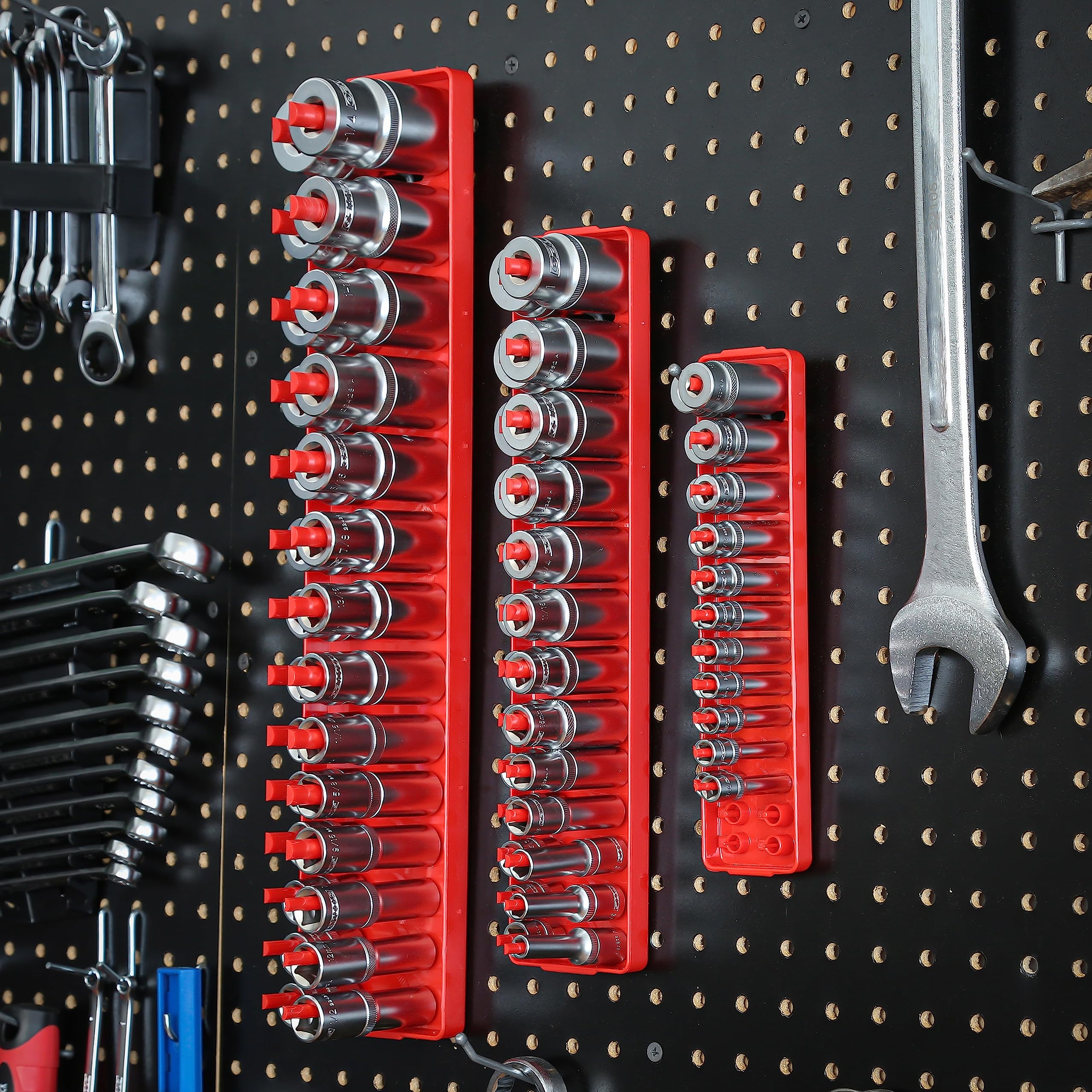 OEMTOOLS 22234 6 Piece SAE and Metric Socket Tray Set, SAE and Metric Socket Storage for Sizes 1/4", 3/8β, and 1/2" Drive, Socket Holders and Socket Organizer Tray for Toolbox, Red and Black