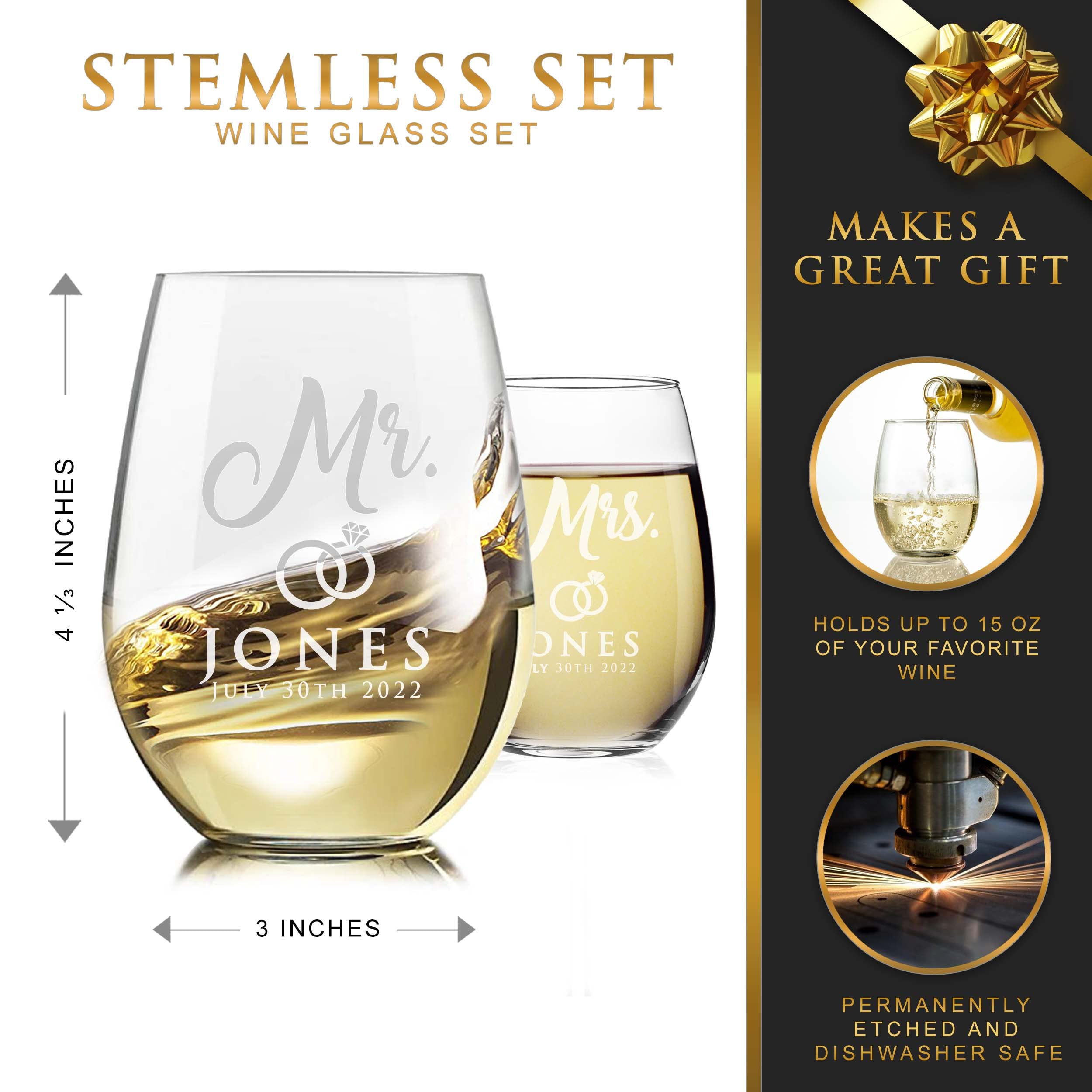 Mr and Mrs Wine Stemless Glasses - Personalized Engraved Wedding for Couples - Custom Monogrammed - Set of 2