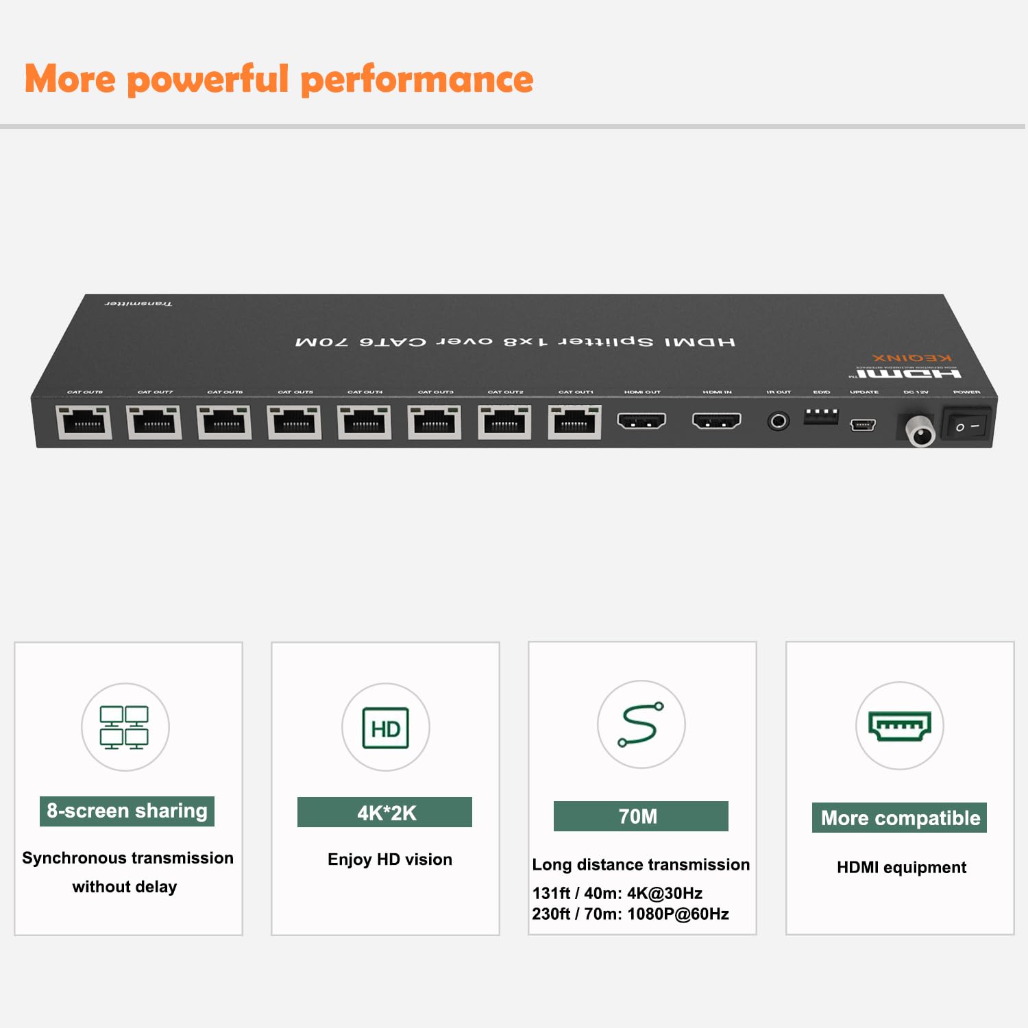 KEQINX 4K 1x8 HDMI Extender Splitter 70m/230ft HDMI Over Ethernet Splitter POC Satellite TV Splitters