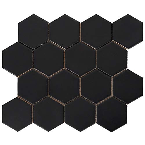 Maine Black 3" Hexagon Matte Ceramic Mosaic Backsplash, Kitchen, Bathroom Floor and Wall Tile (0.96 Sq. Ft. / Sheet)
