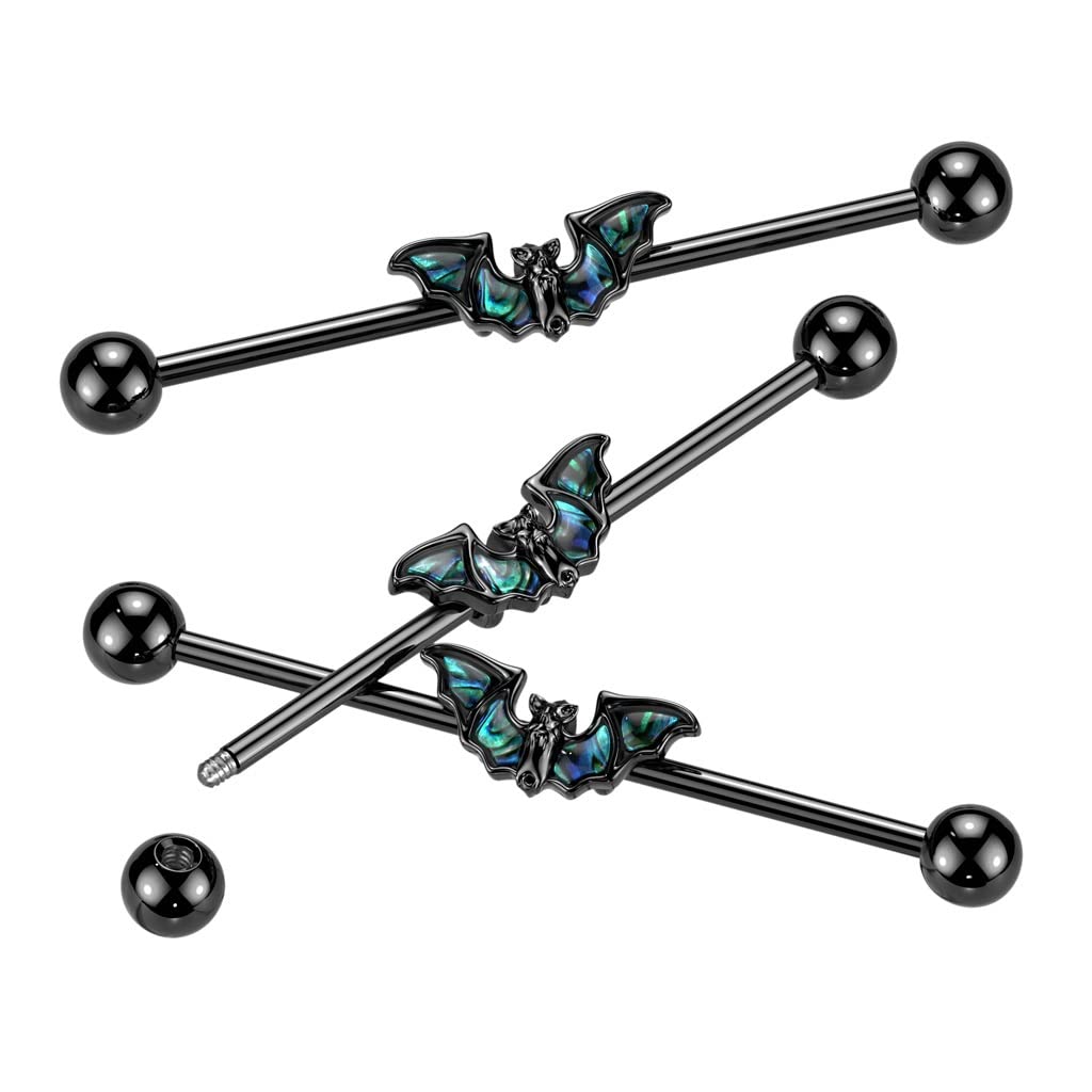 Pierced Owl 14GA Black PVD Plated 316L Stainless Steel Bat with Abalone Wings Industrial Barbell