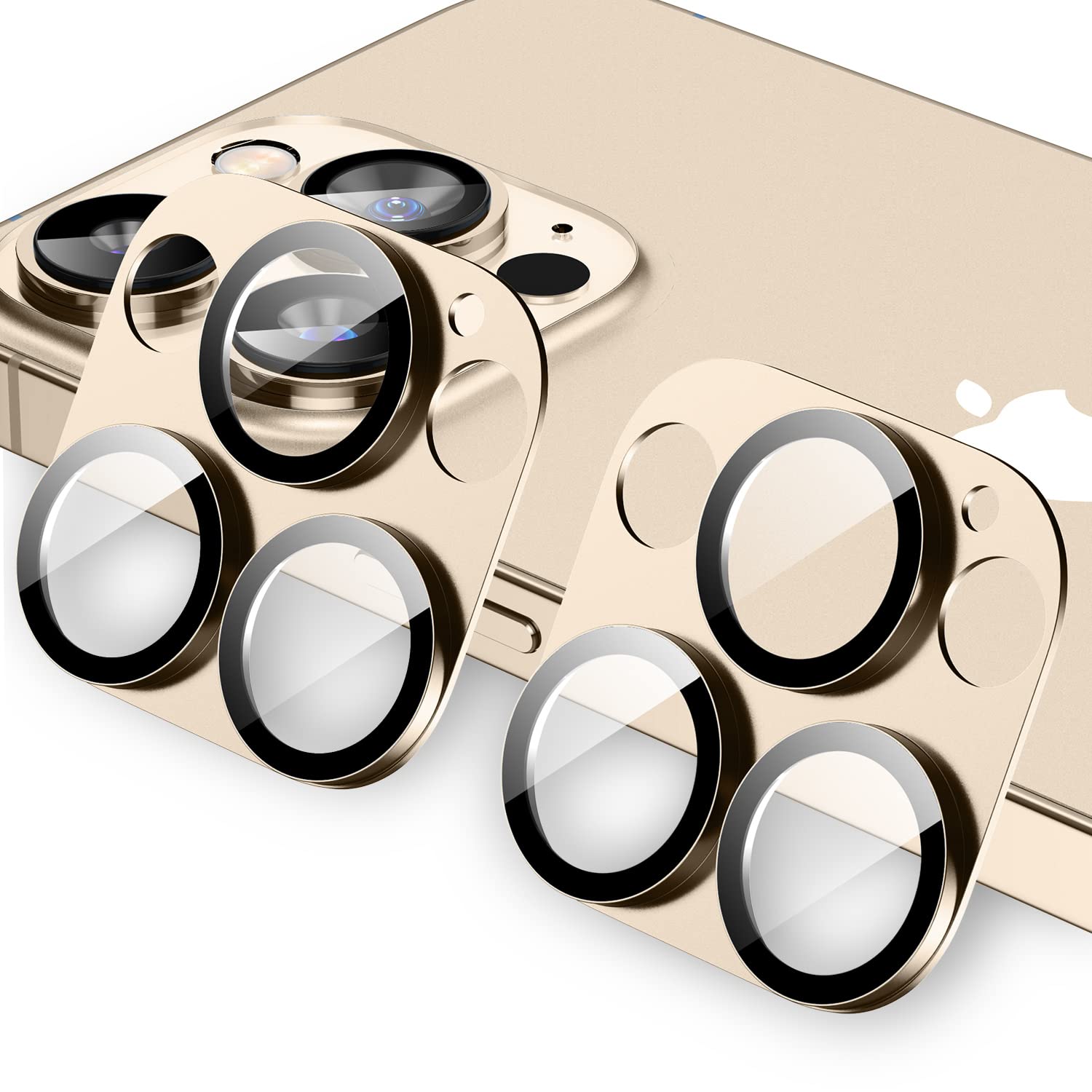 Korecase 2 Pack Camera Lens Protector for iPhone 13 Pro Max & iPhone 13 Pro, 3D Aluminum Metal Lens Film,9H HardnessTempered Glass Camera Screen Cover,Bubble Free,Strong Stickiness Case Friendly-Gold
