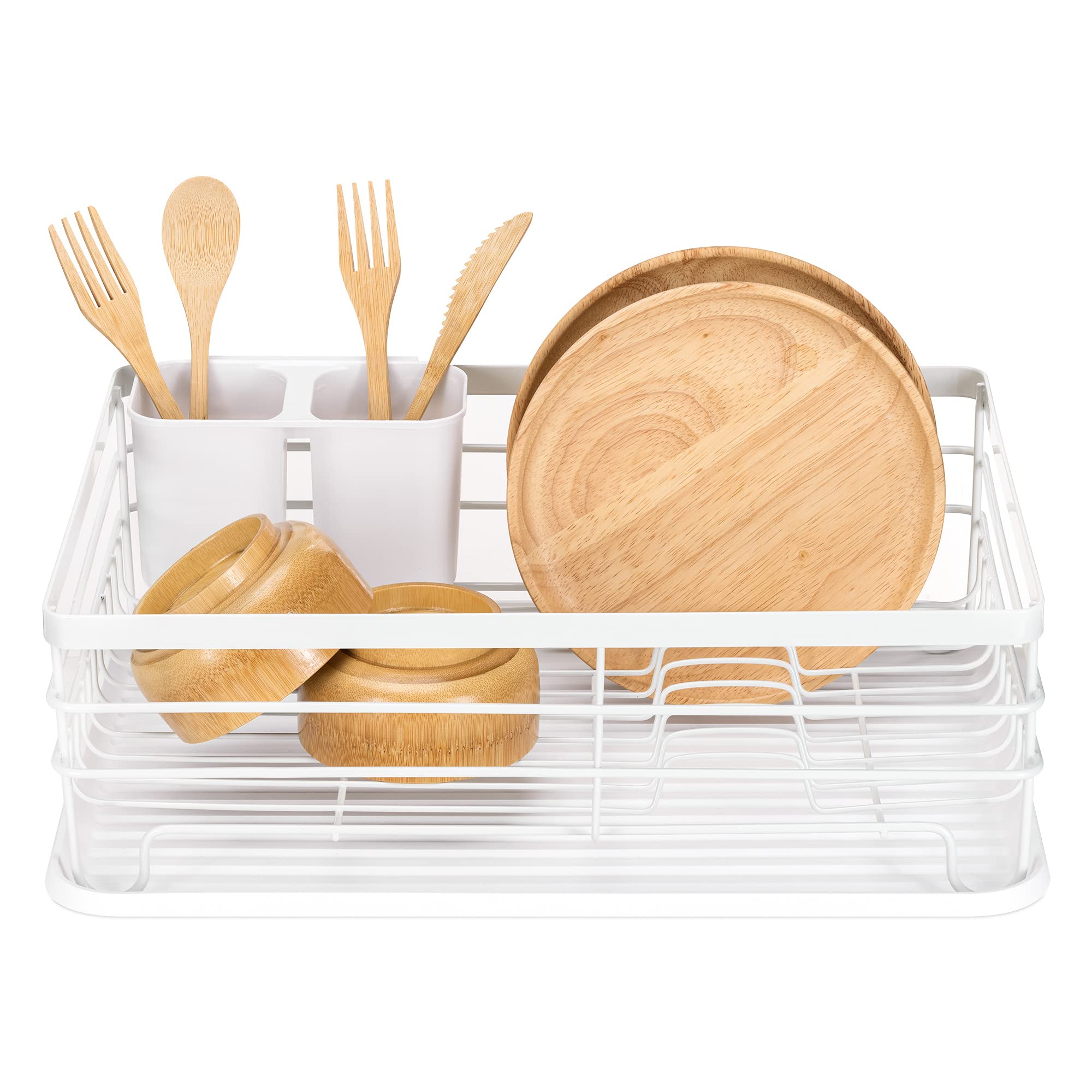 Navaris Dish Drainer Rack - Plate, Cutlery, Pots and Pans Drying Rack for Kitchen - Modern Retro Design Drip Tray with Metal Rack - White