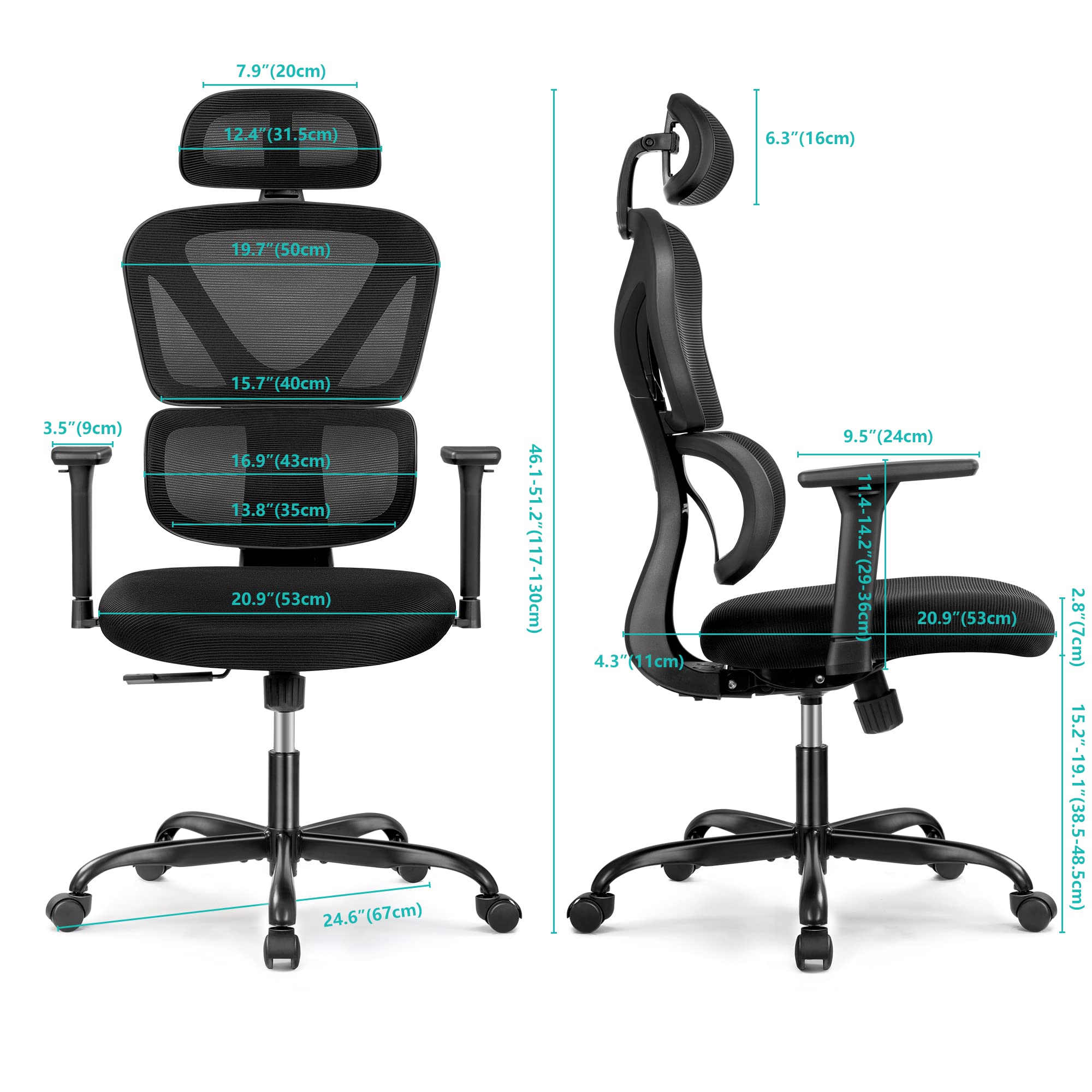 KERDOM Ergonomic Office Chair, Home Desk Chair, Comfy Breathable Mesh Task High Back Thick Cushion Computer Chair with Headrest and 3D Armrests, Adjustable Height Home Gaming Chair (S-Grey)