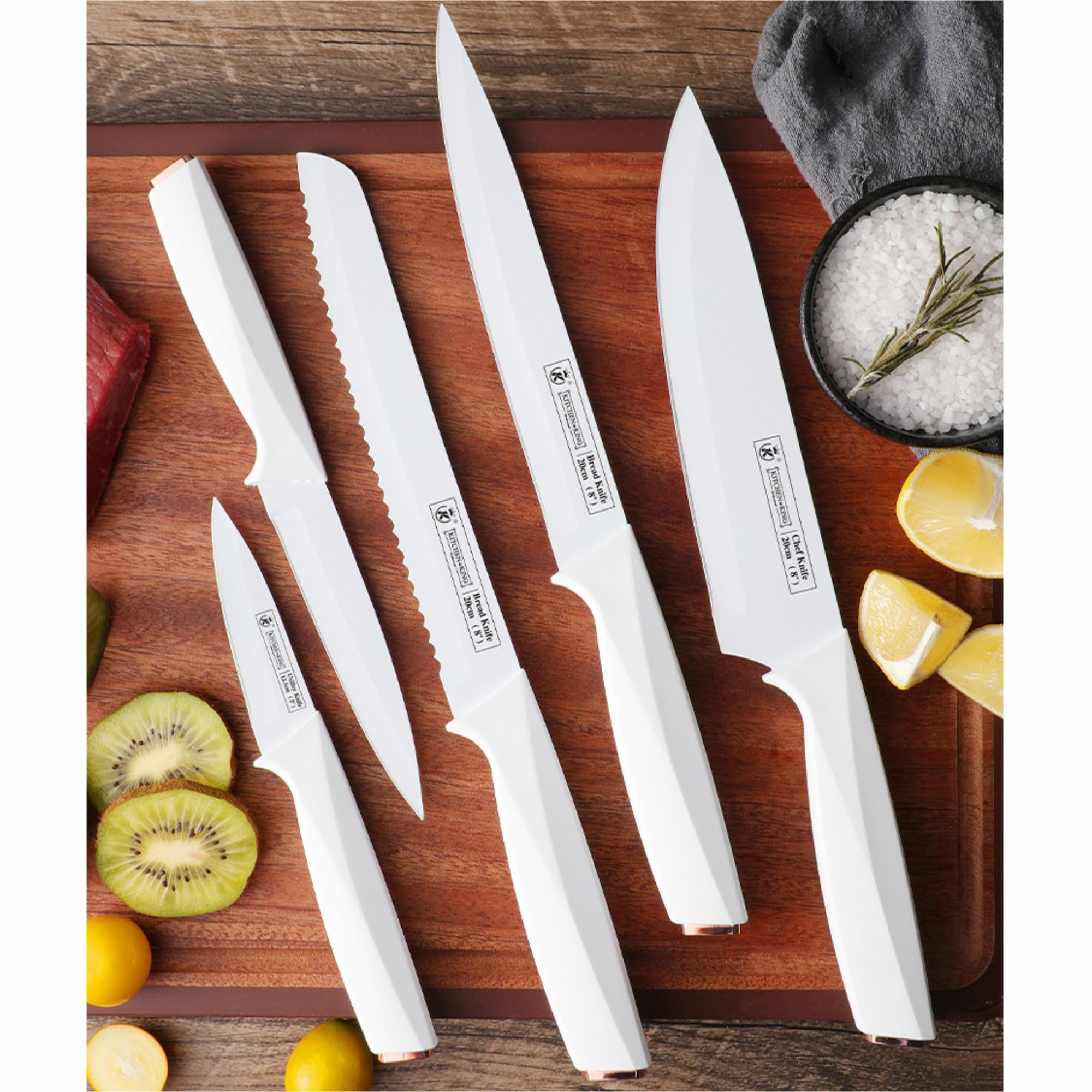 Knife Set,7pcs Kitchen Knives Set With Block & Sharpener Stainless Steel White Acrylic Rotatable Knife Holder,Dishwasher Safe Home Essentials for New