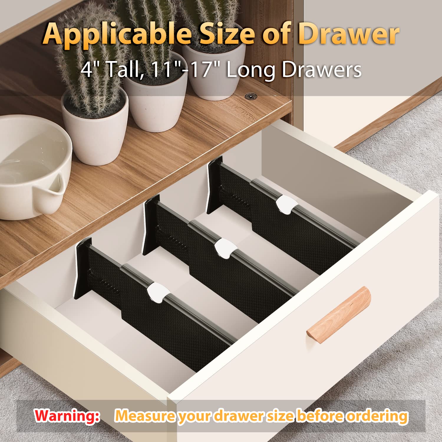 JONYJ Drawer Dividers Organizer 5 Pack, Adjustable Separators 4" High Expandable from 11-17" for Bedroom, Bathroom, Closet,Clothing, Office, Kitchen Storage, Strong Secure Hold, Foam Ends(Black)