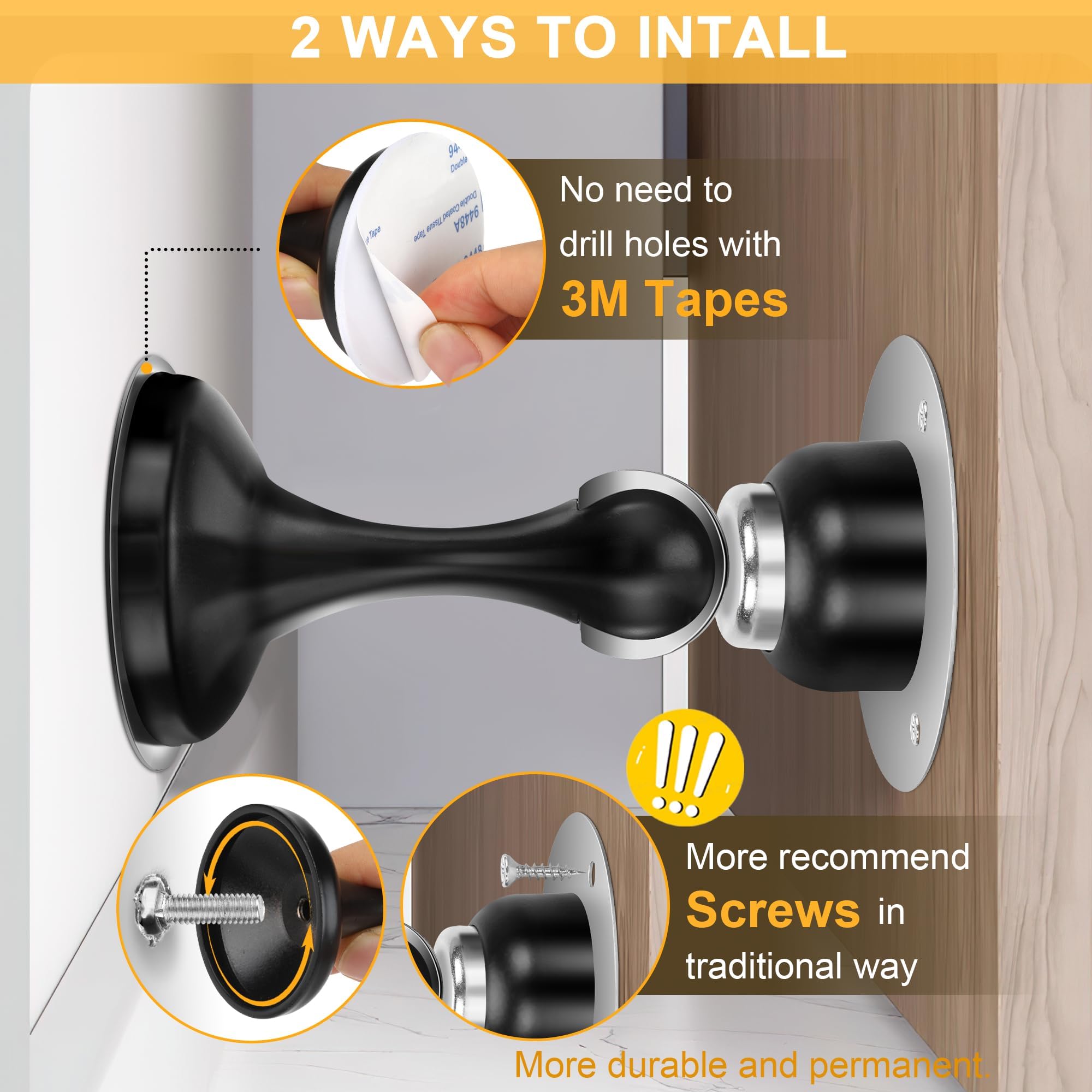 Magnetic Door Stop,2 Pack Stainless steeldoor Stop Magnetic Door Stop, Keep The Door Open Without perforating, can be Fixed on The Floor, Wall-Mounted Stainless Steel Door Stop（2 Pack）