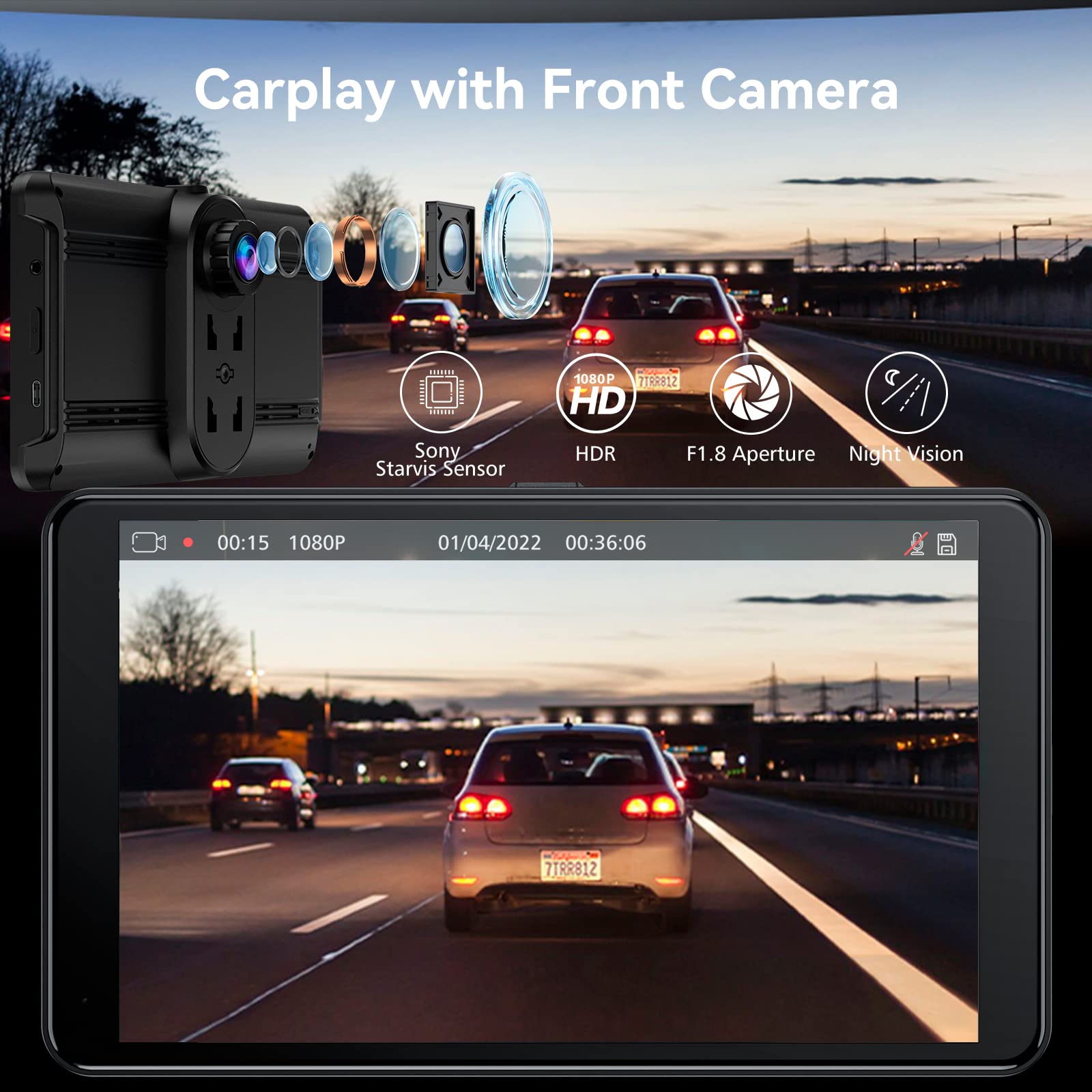 Spedal Portable Wired Car Stereo with Apple Carplay & Android Auto, 1080P Dash Cam with 7 Inch HD IPS Touchscreen, Voice Control, FM Transmitter, AUX/USB/32G TF Card, Supports Most Car Models
