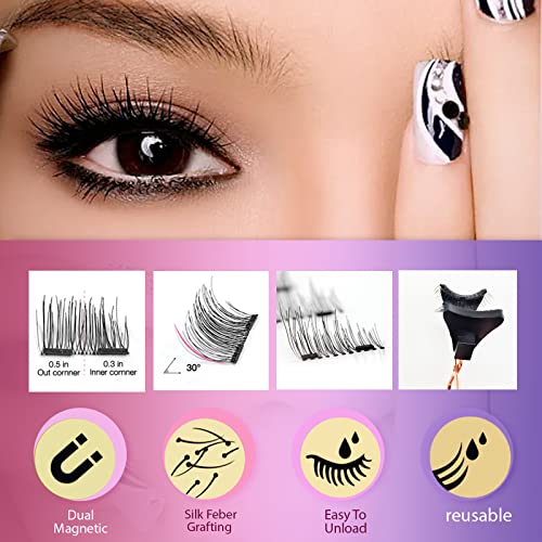 Magnetic Eyelashes without Eyeliner, Reusable Dual Magnetic lashes with 4 Pair, Looking Natural No Glue 3D False Eyelashes Kit with Applicator, Fake Lashes Extension, Easy to Wear (3)