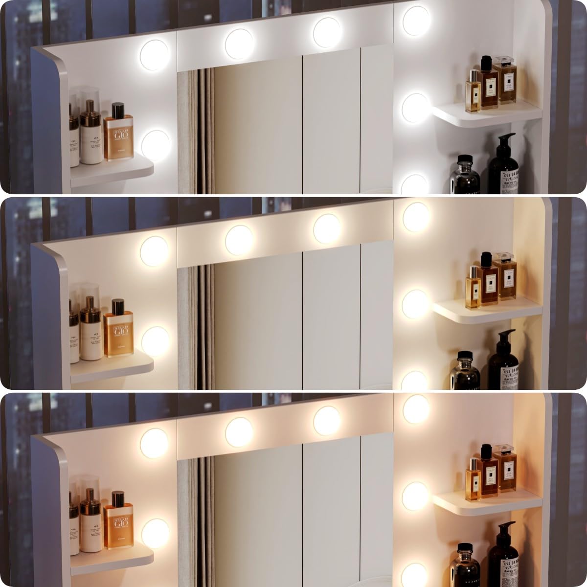 Keehusux Vanity Desk with Charging Station and Side Cabinet, Makeup Table with 3-Color Dimmable Lighted Mirror, Bedroom Makeup Vanity Table with 5 Drawers and Open Storage for Women, White KES003WSZT
