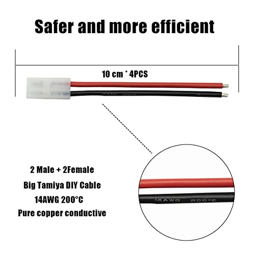 KiiMos 4Pcs Big Tamiya Plugs Male & Female DIY Cable, Tamiya Plug Soft Silicone Wire Cable for RC Airplane Quadcopter FPV Drone Lipo Battery ESC