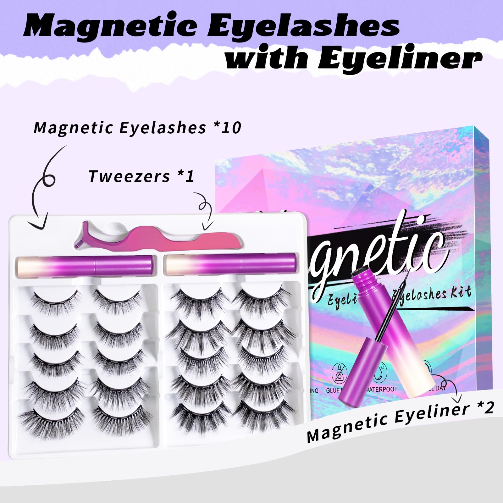 Magnetic Eyelashes with Magnetic Eyeliner Kit, 3D Natural Look False Eyelashes, Reusable Magnetic Lashes with Eyeliner and Tweezers, No Glue (Gradient Purple)