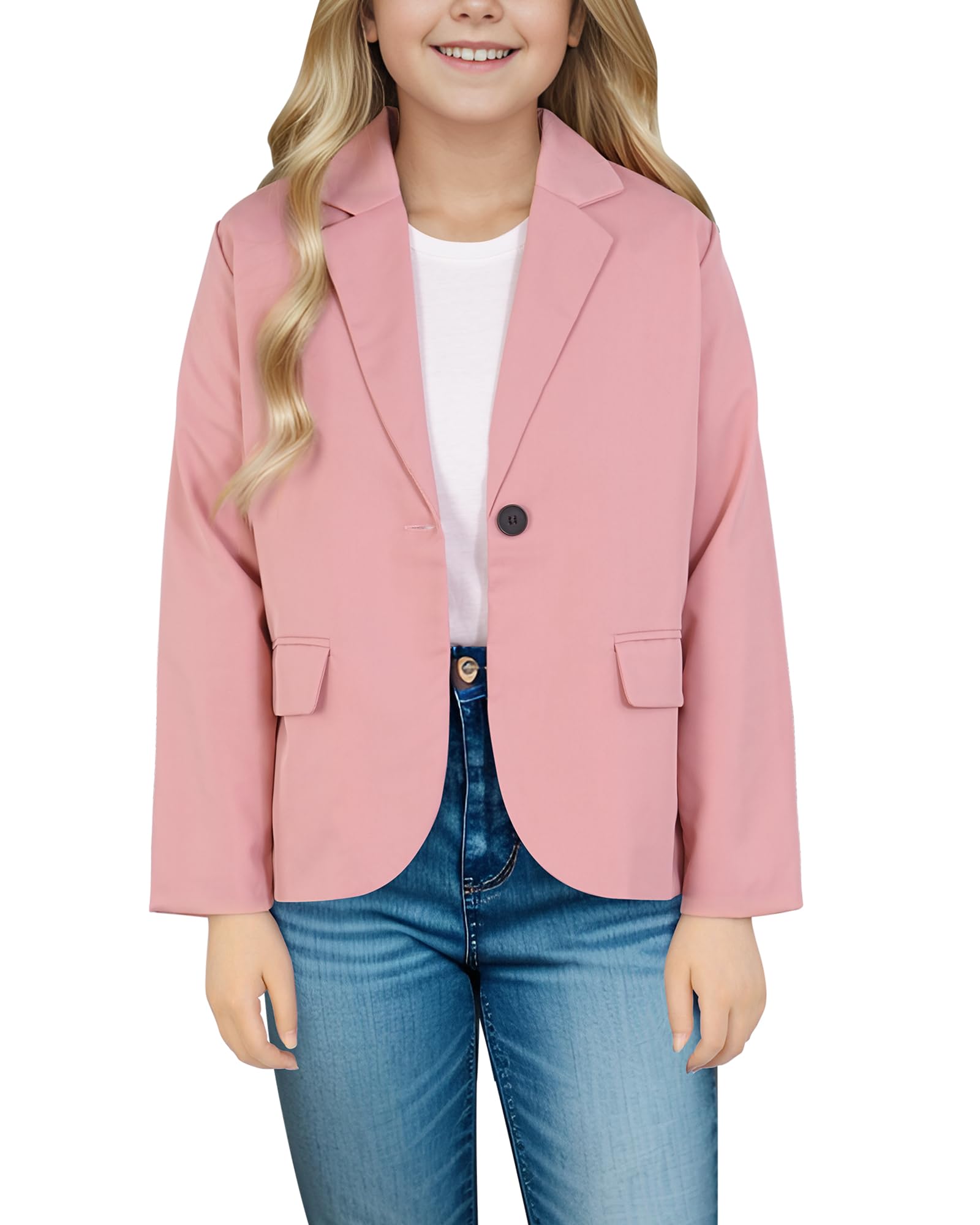 KEREDA Girls Casual Blazers Long Sleeve Open Front Button Lightweight Blazers with Pockets Pink 9-10 Years