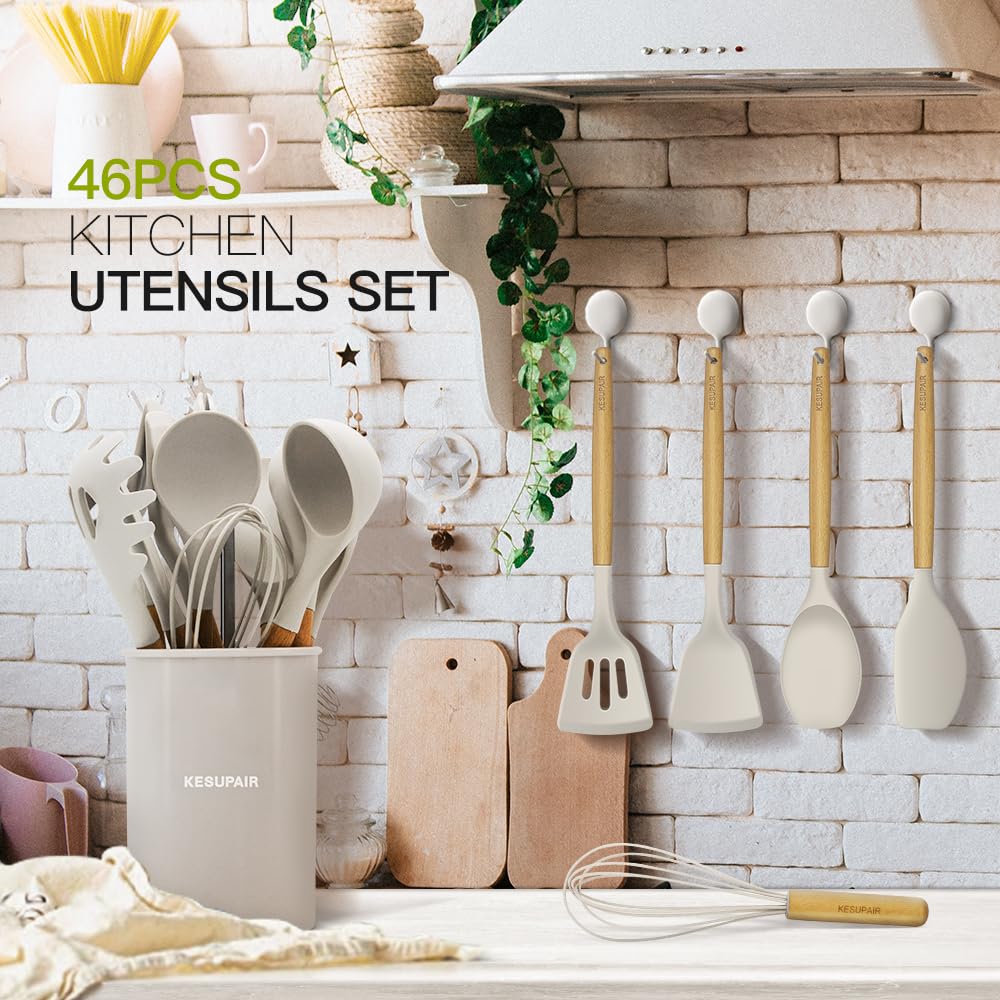 KESUPAIR Silicone Kitchen Utensils Set, 46 pcs Cooking Utensils Set-Silicone Spatula Set- Kitchen Gadgets and Tools with Holder-Wooden Handle Silicone Kitchen Utensil with Tongs,Grater (Khaki)