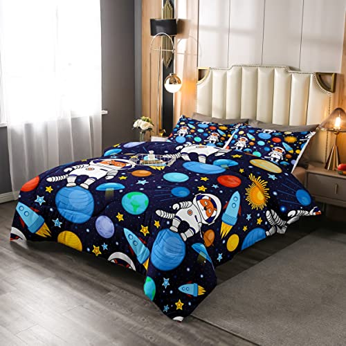 spefrowx Fox Astronaut Bedding Set King Mystic Outer Space Bedding Comforter Sets Sun Moon Stars Print Duvet Insert Rocket Spaceship Quilted Comforter Kids Cartoon Style Quilt Set Microfiber 3 Piece
