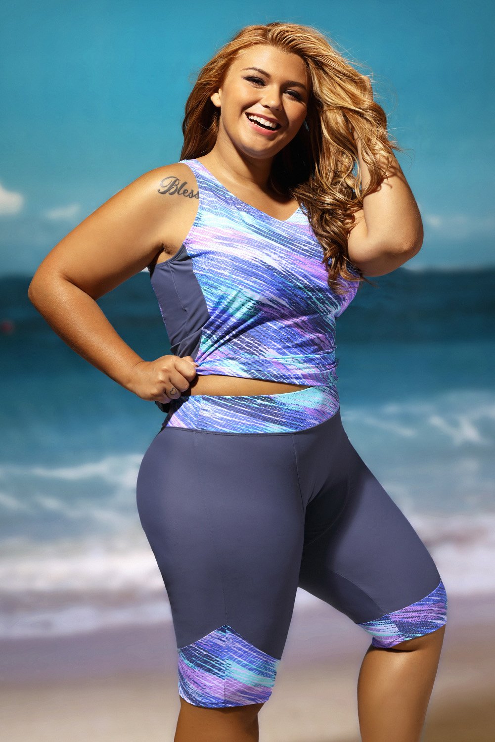 JooMeryer Women's Zigzag Print Plus Size Two Piece Tankini Swimsuits Swimwear,Blue & Grey,L