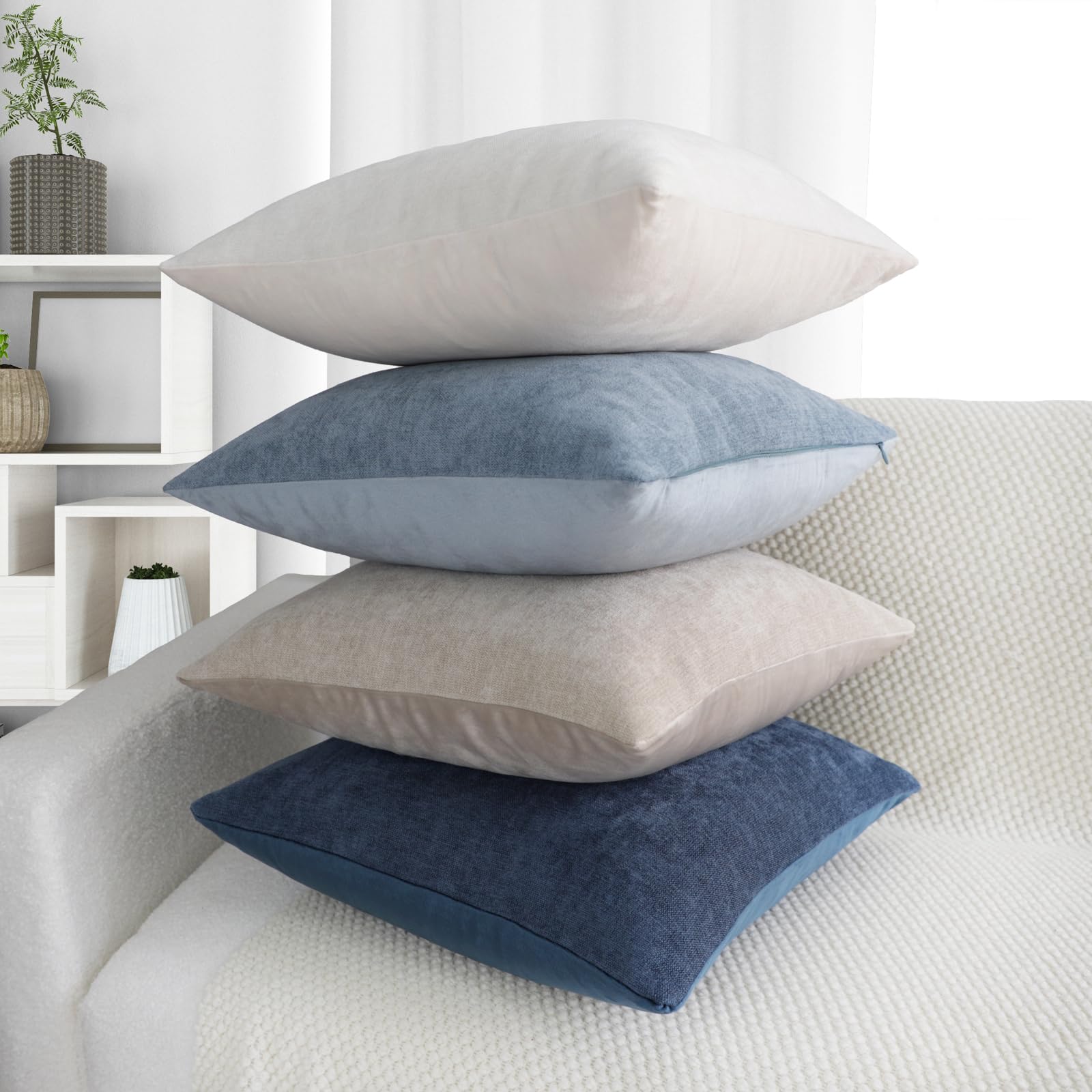 JIANTKJ Decorative Throw Pillow Covers Set of 4, Velvet&Chenille Double-Sided Design Couch Pillows for Living Room Sofa Bedroom Modern Home Decor (18x18 Inch,Grey)
