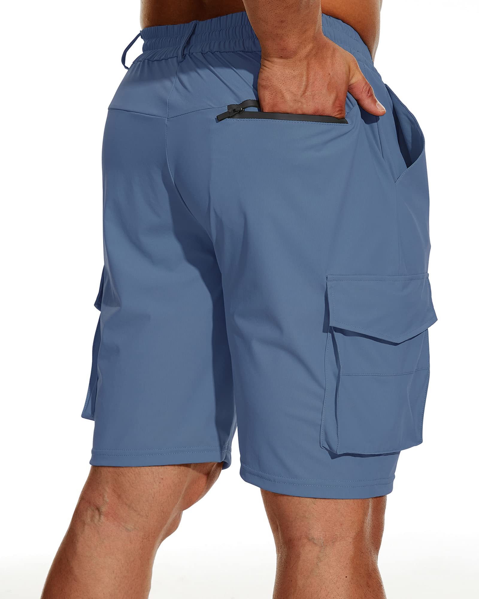 NeedBo Mens Hiking Cargo Shorts Quick Dry Outdoor Stretchy Tactical Shorts with Multi Pockets for Camping Fishing Stone Blue L
