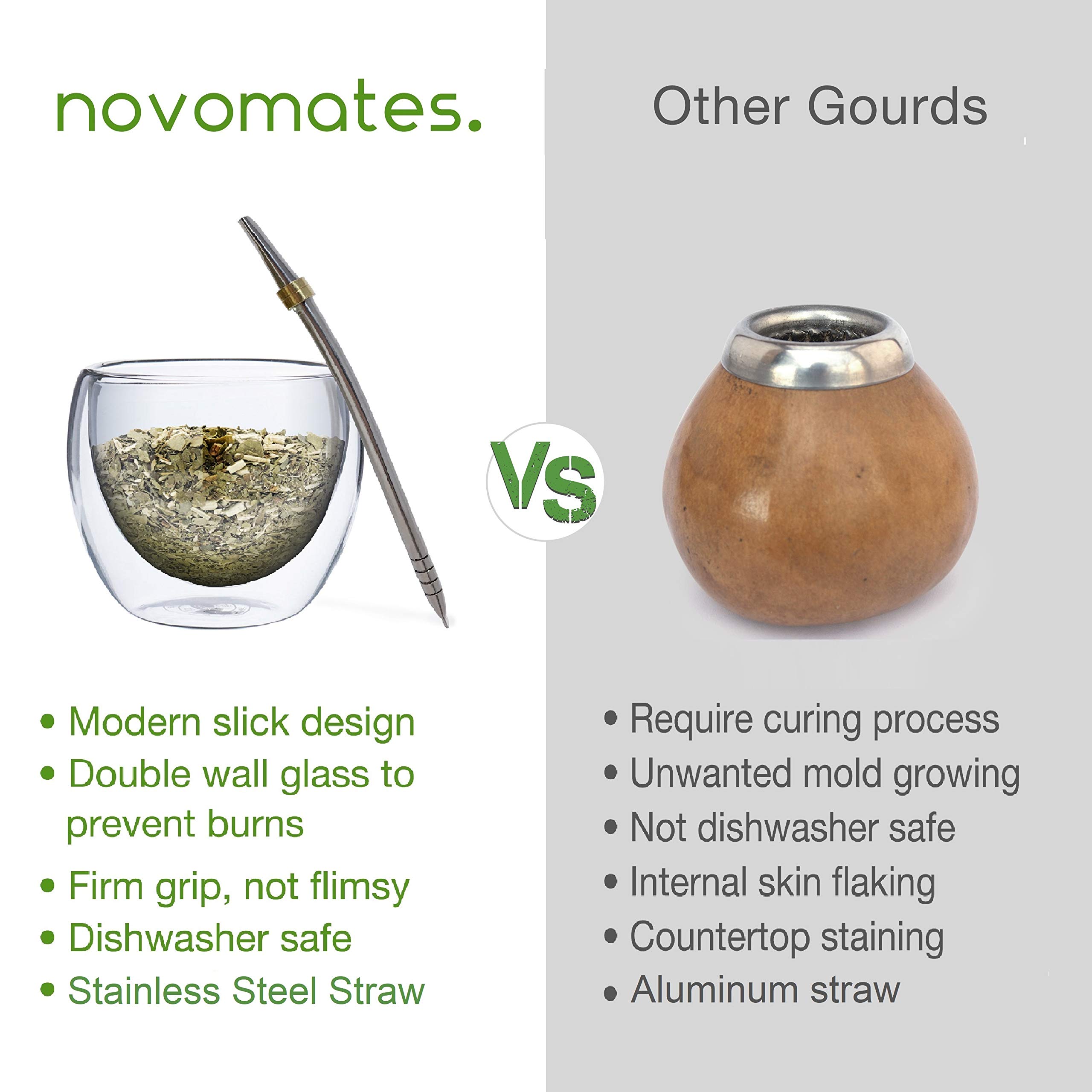 Novomates Yerba Mate Kit - Double Wall Glass Yerba Mate Cup with Stanley Steel Bombilla Mate - Yerba Mate Cup and Bombilla Set - Yerba Mate Gourd - Bombilla Mate and Mate Tea Cup - 8.4oz (250 ml)
