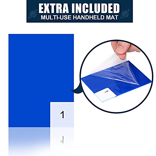 Sticky Mat for Construction or Cleanroom Floor - 4 Pack Adhesive Mats 17’’ x 13’’ - 30 Tacky Sheets Per Mat - Removes Dirt Dust Debris Sand Hair - Includes Handheld Mat