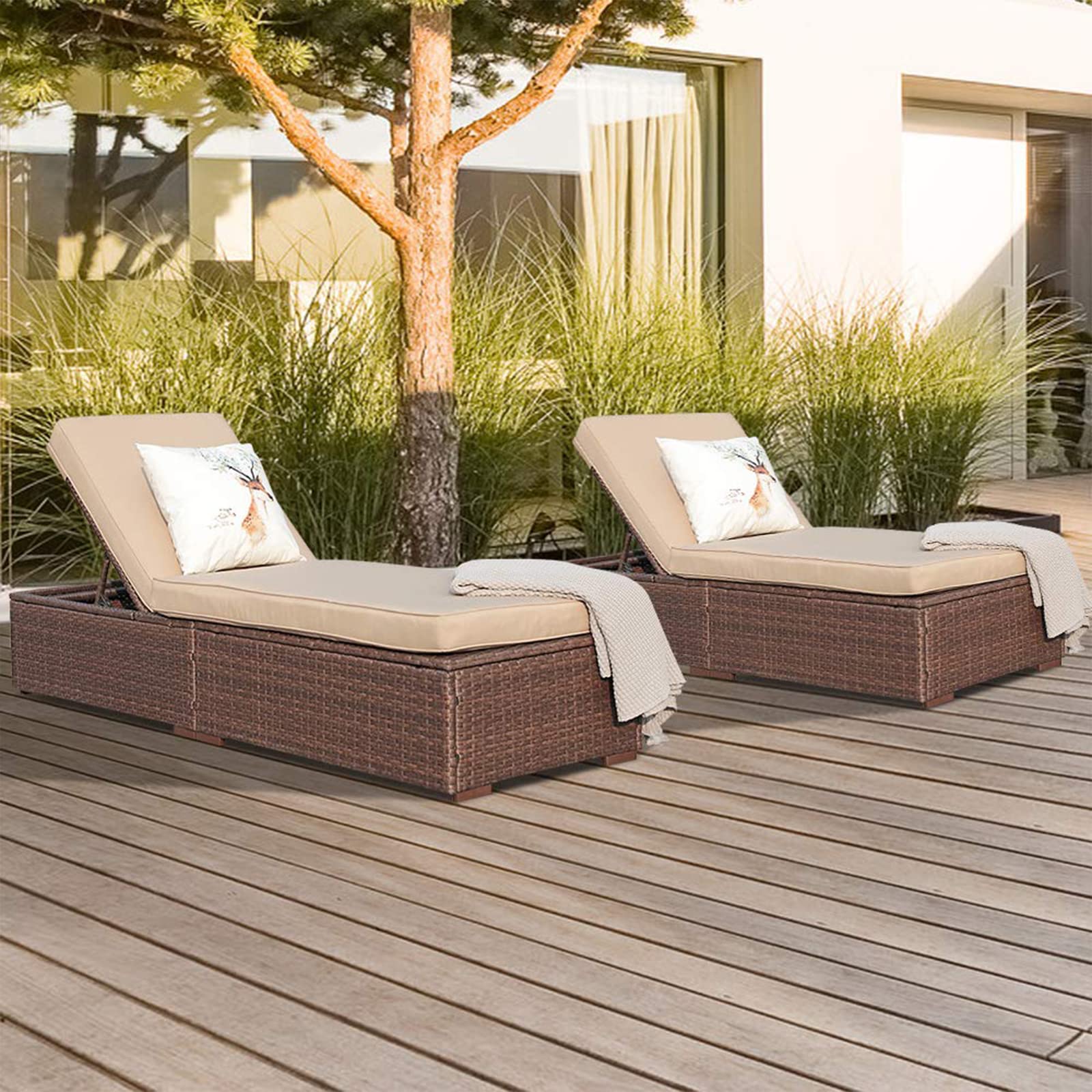 JOIVI Outdoor Patio Chaise Lounge Chairs Set of 2, PE Wicker Patio Pool Lounge Chairs Furniture Set of 2, Pool Lounger Brown Rattan Adjustable Backrest with Removable Beige Furniture Cushion