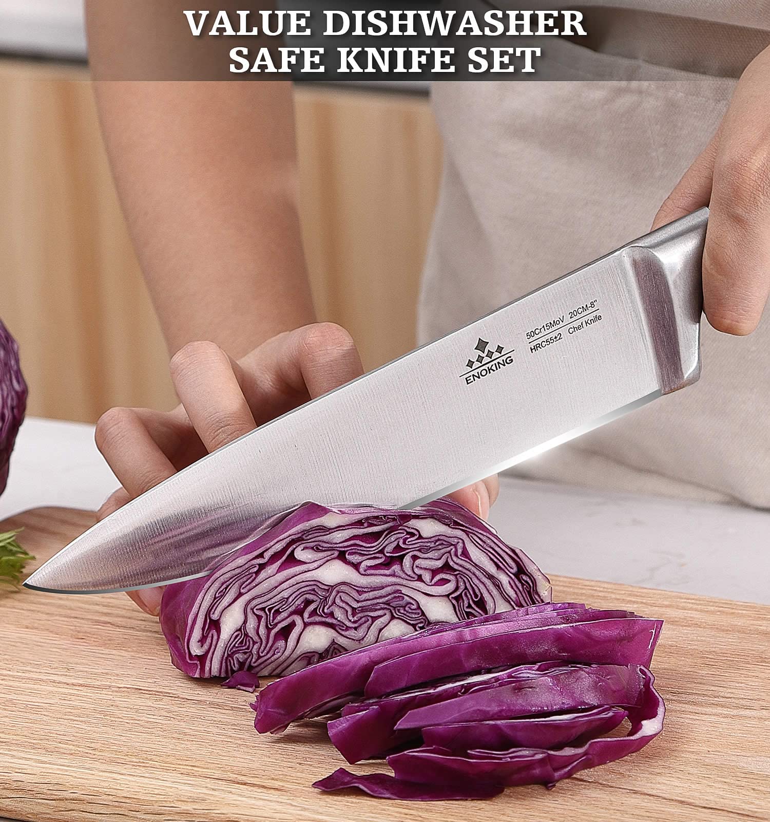 Knife Block Set, ENOKING 8 Pieces Kitchen Knife Set with Independent Sharpener, German Stainless Steel Knives Set for Meat, Vegetables, Fruits, Chopping, Slicing, Dicing & Cutting, Ultra Sharp