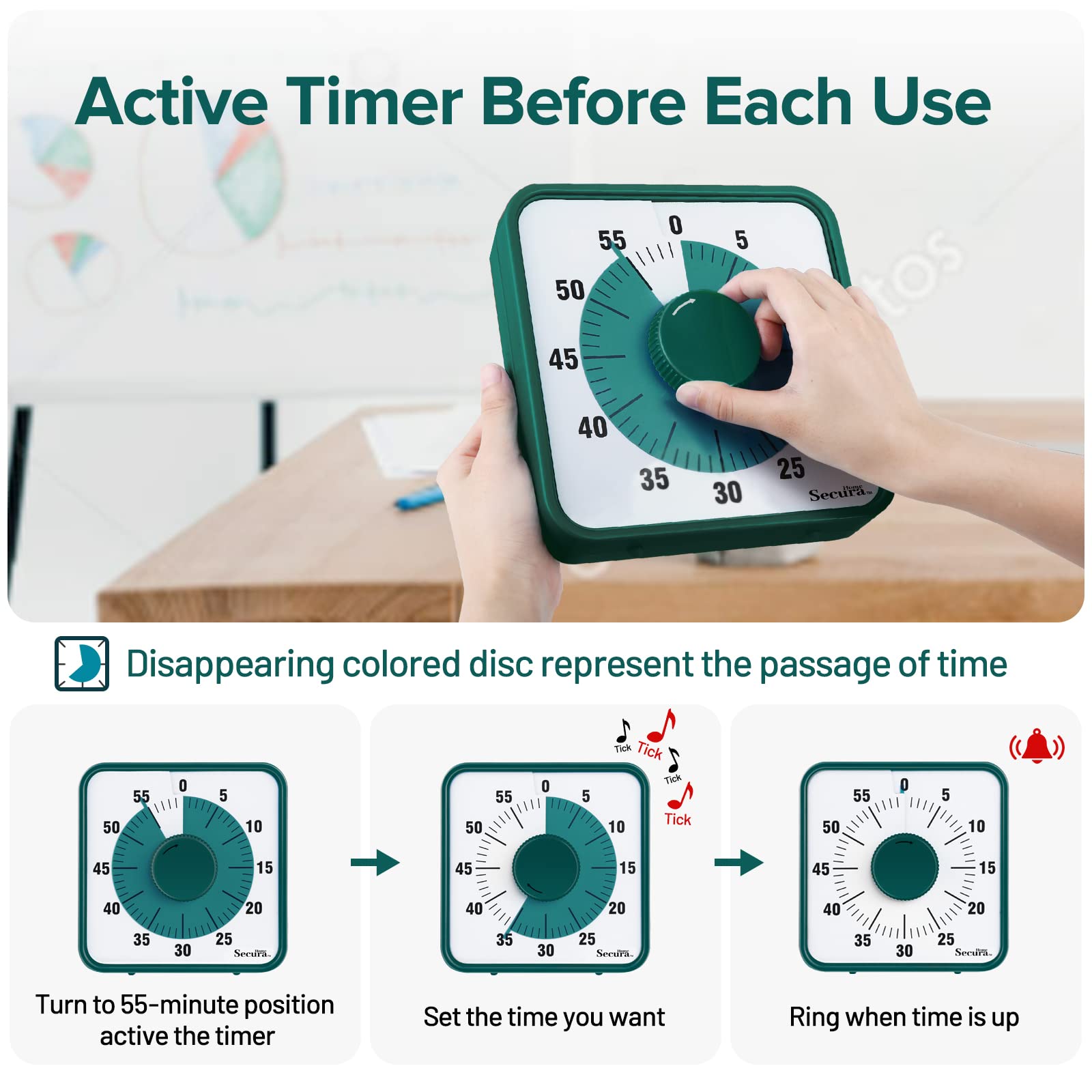 Secura Home 60-Minute Visual Timer, 7.5 Inch Oversize Countdown Timer Clock for Kids and Adults, Durable Mechanical Time Management Tool with Magnetic Backing (Dark Green)