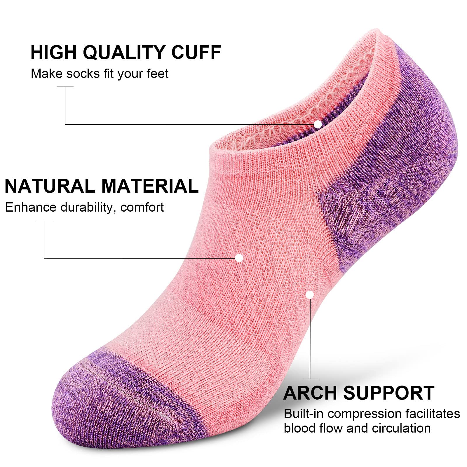 PAPLUS No Show Socks Womens 6 Pairs, Non Slip Cushioned Low Ankle Socks with Arch Support